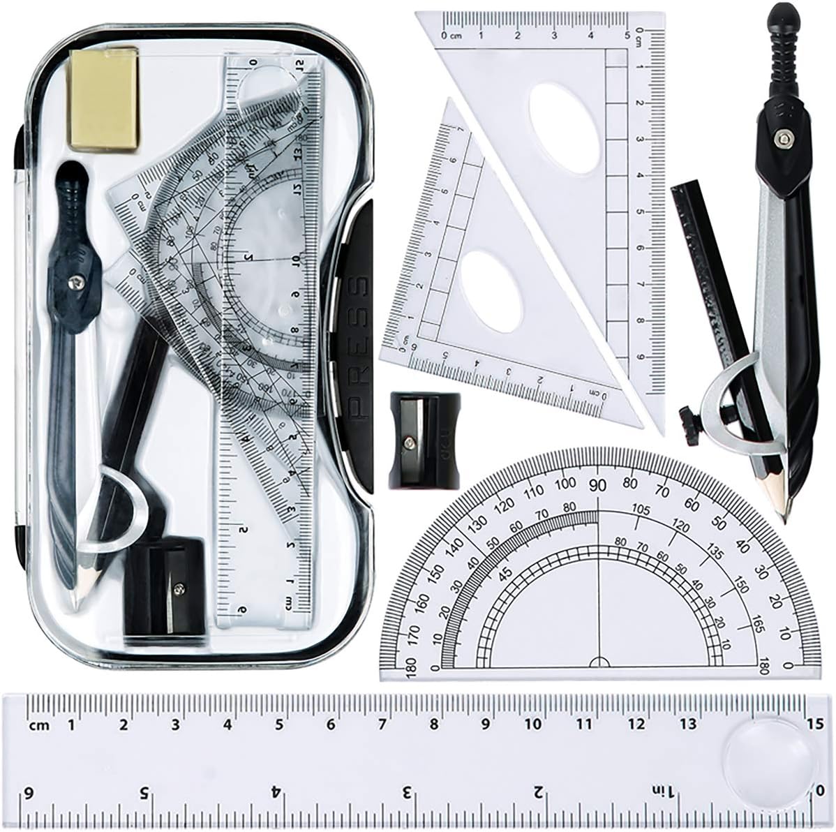 Maths Set Geometry Compasses Set 8pcs School Protractor Rulers Set 