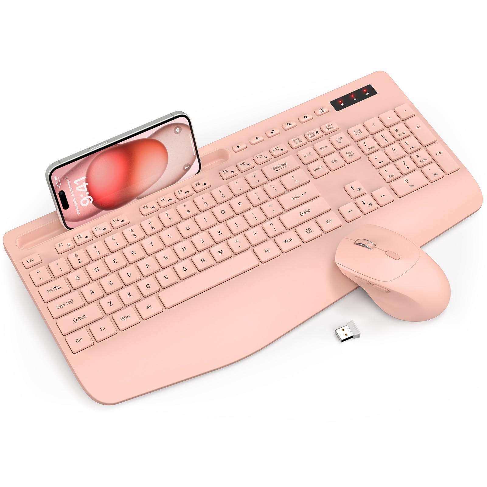 Wireless Keyboard And Mouse Combo Full Sized Ergonomic Keyboard With Wrist Rest Phone Holder