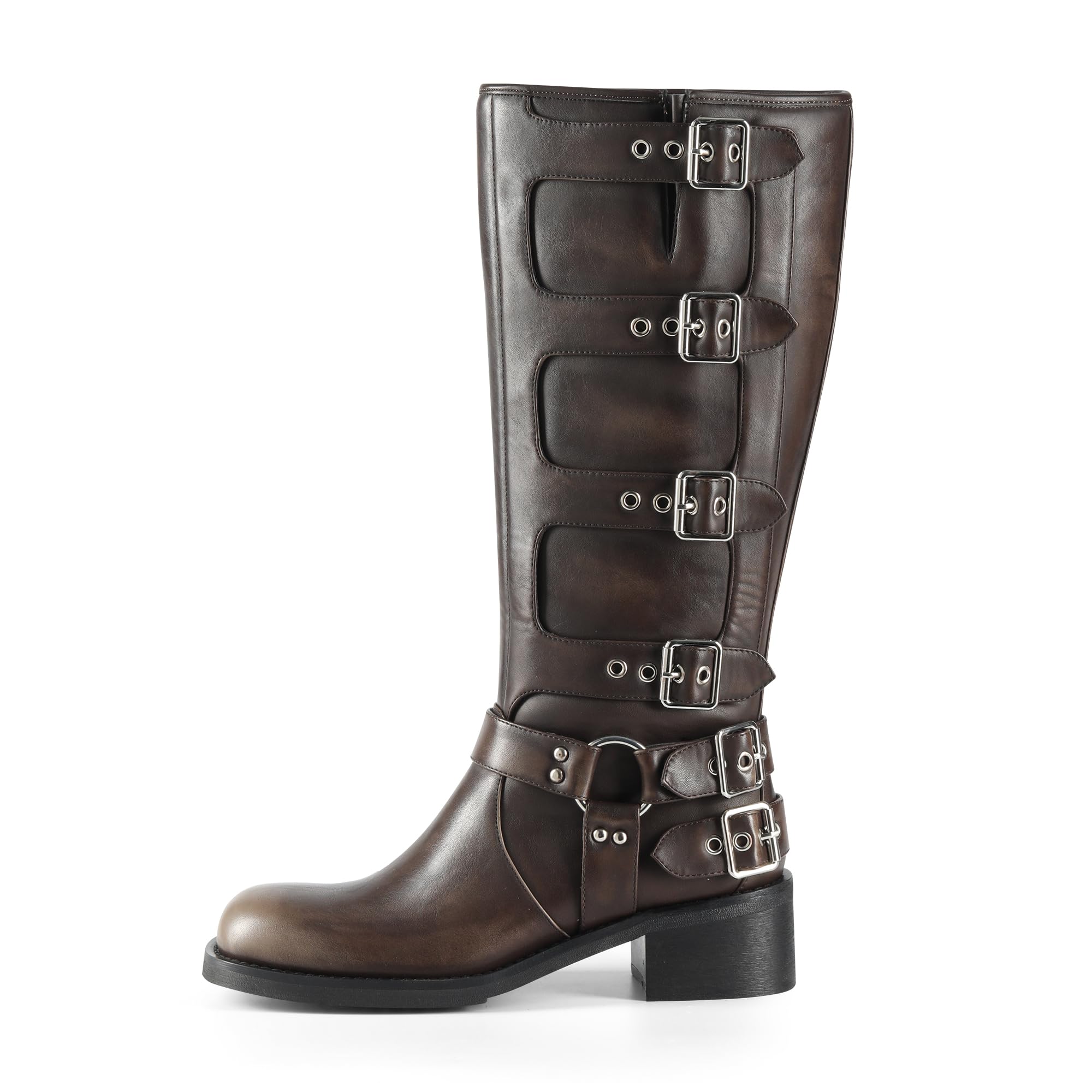 iiimmu Buckle Boots for Women, Bronze Knee High Boots Square Toe and ...