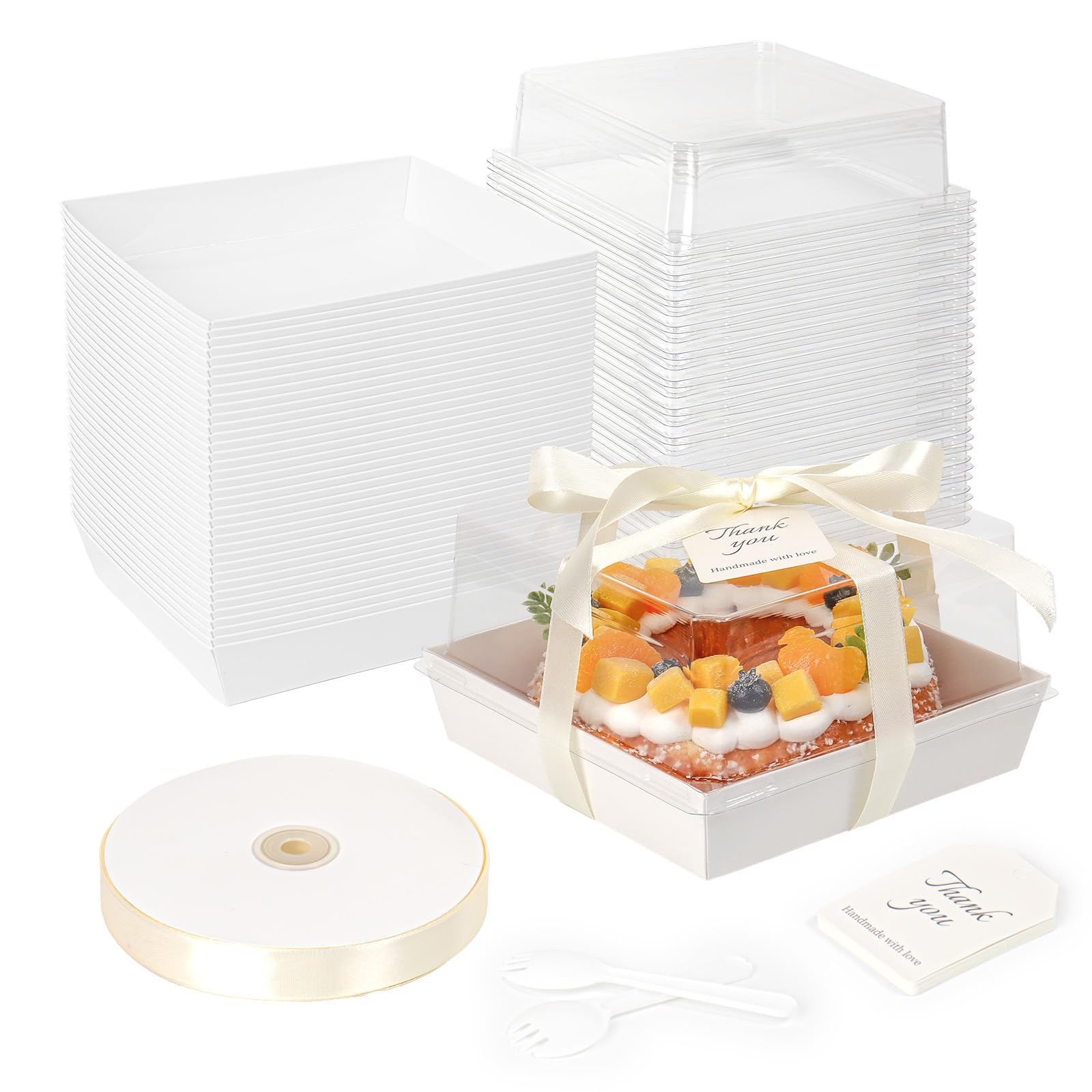 7 x 7 x 4 Inches Paper Cake Boxes with Clear Lids, 50 Pack White Large ...