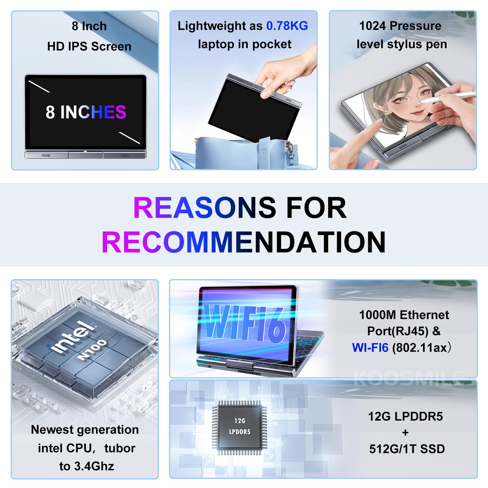 Mini Laptop,8 Inch HD Touch Screen Mini Computer Win11 Pro,N100 4 Cores ...