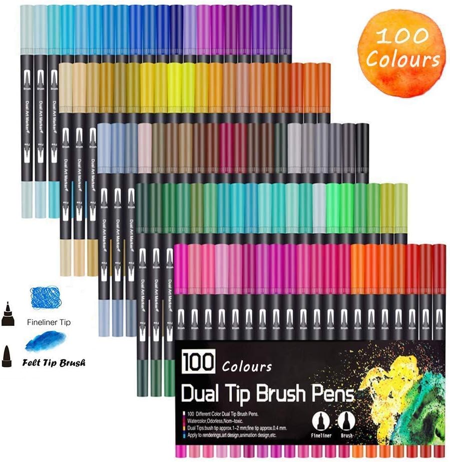 Colouring Pens, 100 Colours Art Watercolour Brush Pens Tip and Fine Tip ...