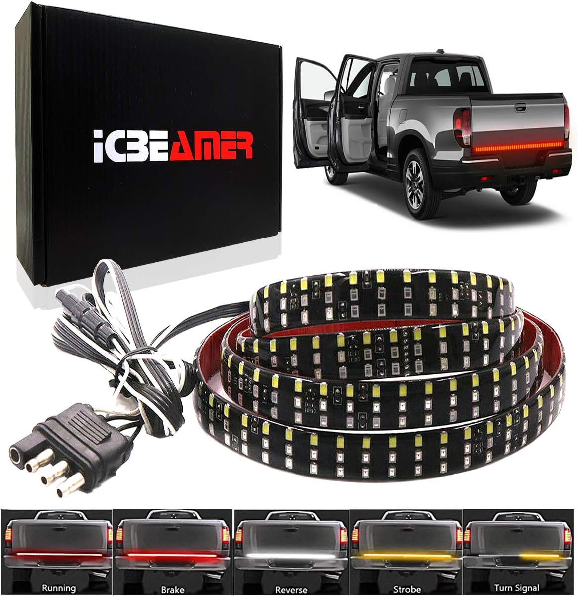 ICBEAMER 6-Function 60" Triple Row 504 LED Truck Tailgate Light Strip ...