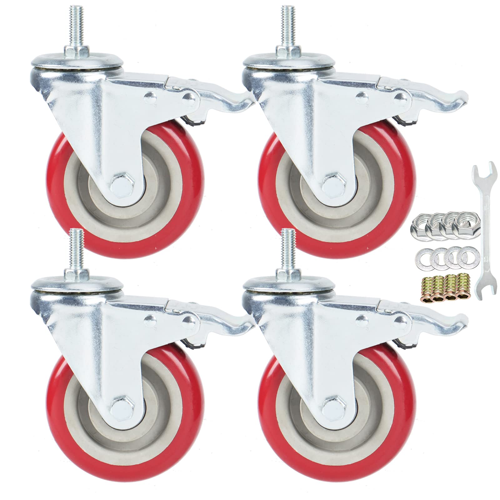 Swivel Stem Casters, Heavy Duty Double-Locking Castors with Red PU ...