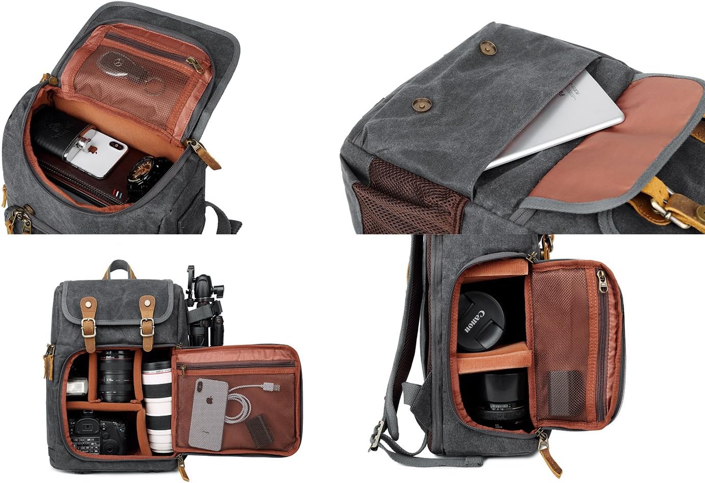 DSLR Camera Canvas Backpack Large Capacity Front Open Waterproof Anti ...