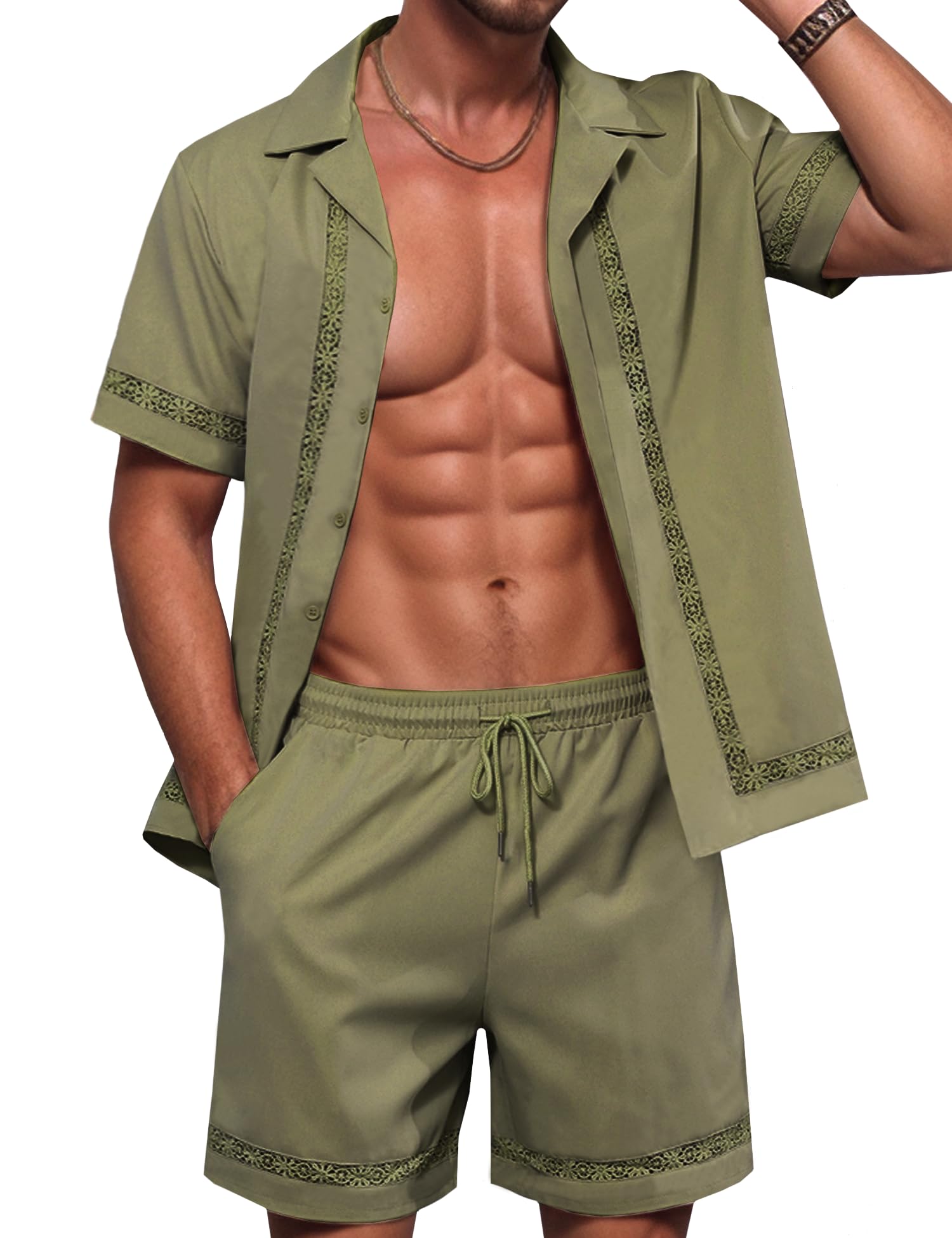 ZSJR Mens 2 Pieces Linen Set Short Sleeve Shirt and Shorts Resort Wear ...