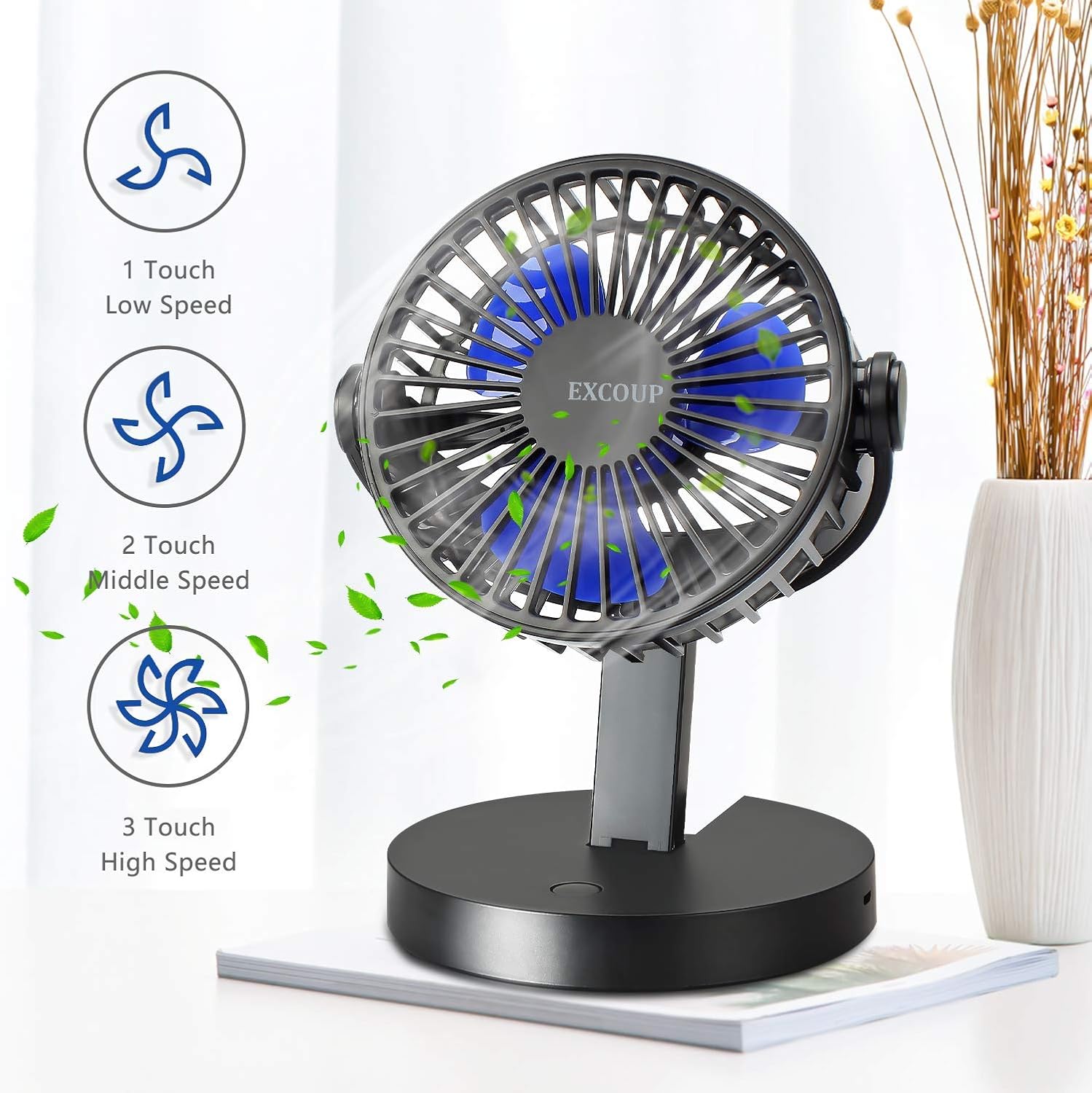 EXCOUP USB Fan, Rechargeable Desk Battery Fan, Mini Portable Noiseless ...