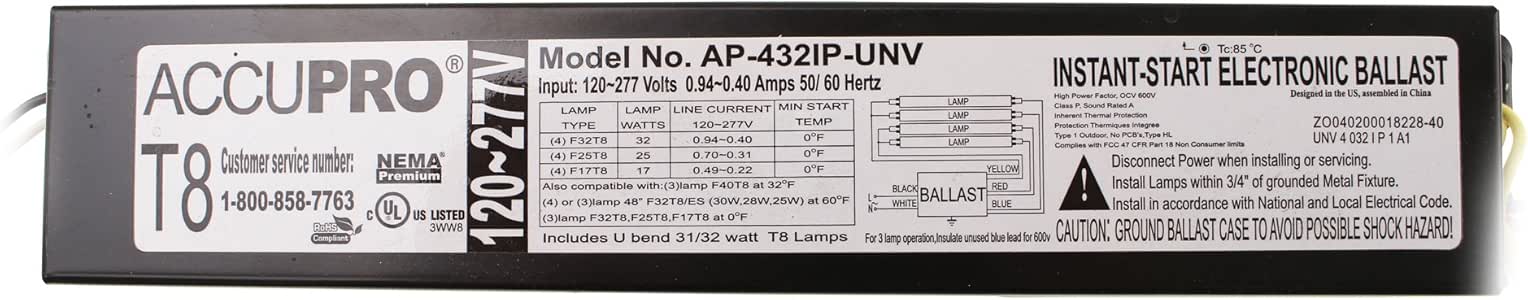 Accupro AP-432IP-UNV Instant Start Fluorescent Ballast, 4 Lamp, T8, 32W ...