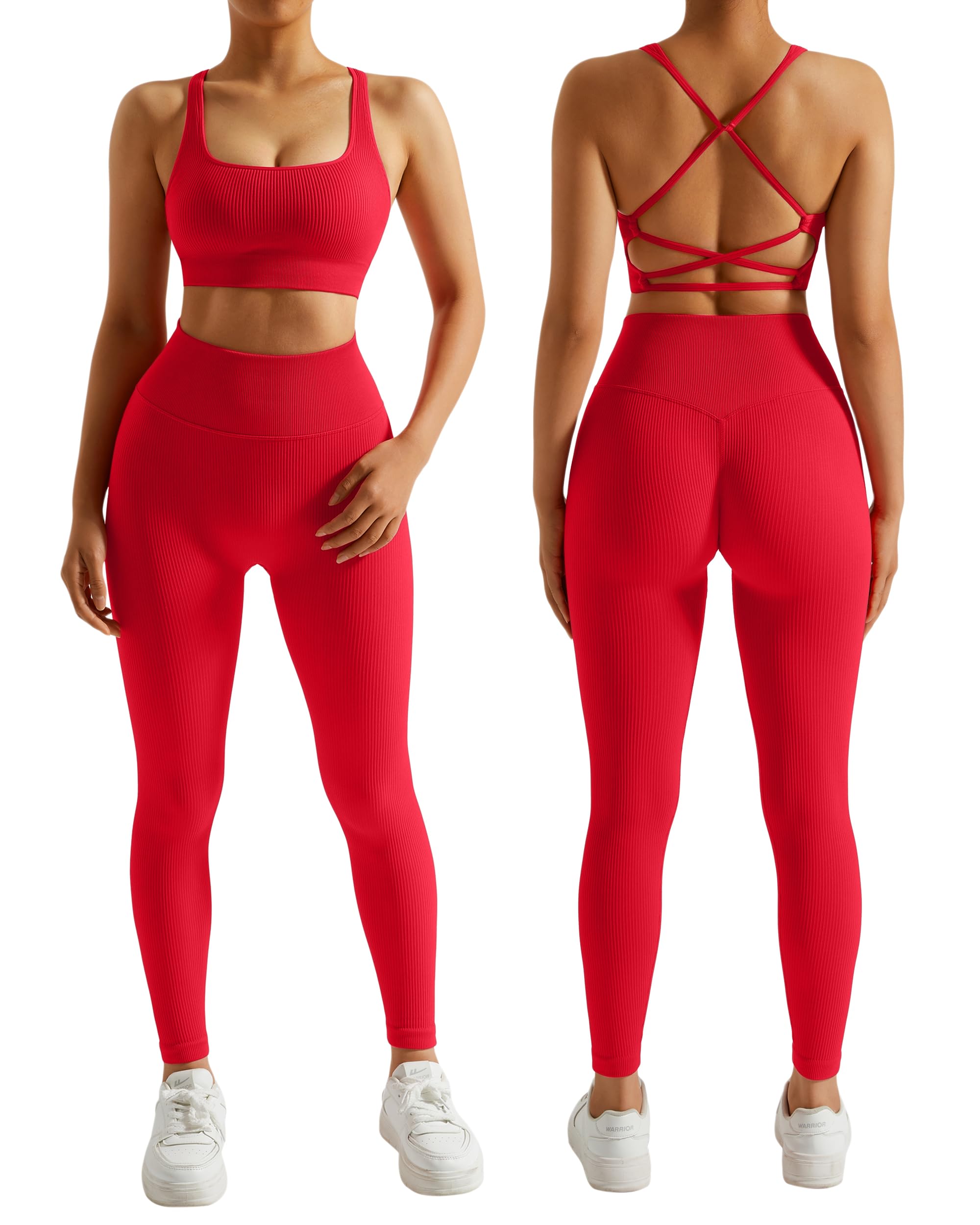 RXRXCOCO Ribbed Workout Sets for Women 2 Piece Backless Strappy Sports Bra Seamless Leggings ...