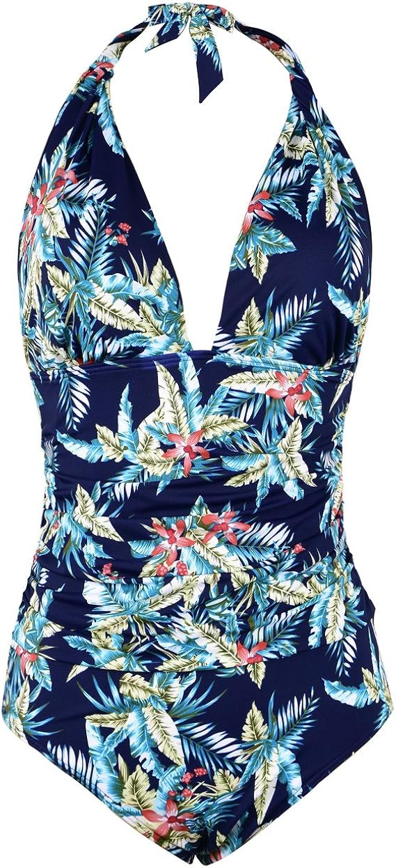 Hilor Damen Retro Badeanzug Tief V Ausschnitt Rückenfrei Neckholder ...