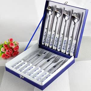 Amazon.com: Chinese Style Cutlery Set White Porcelain Blue Patterned ...
