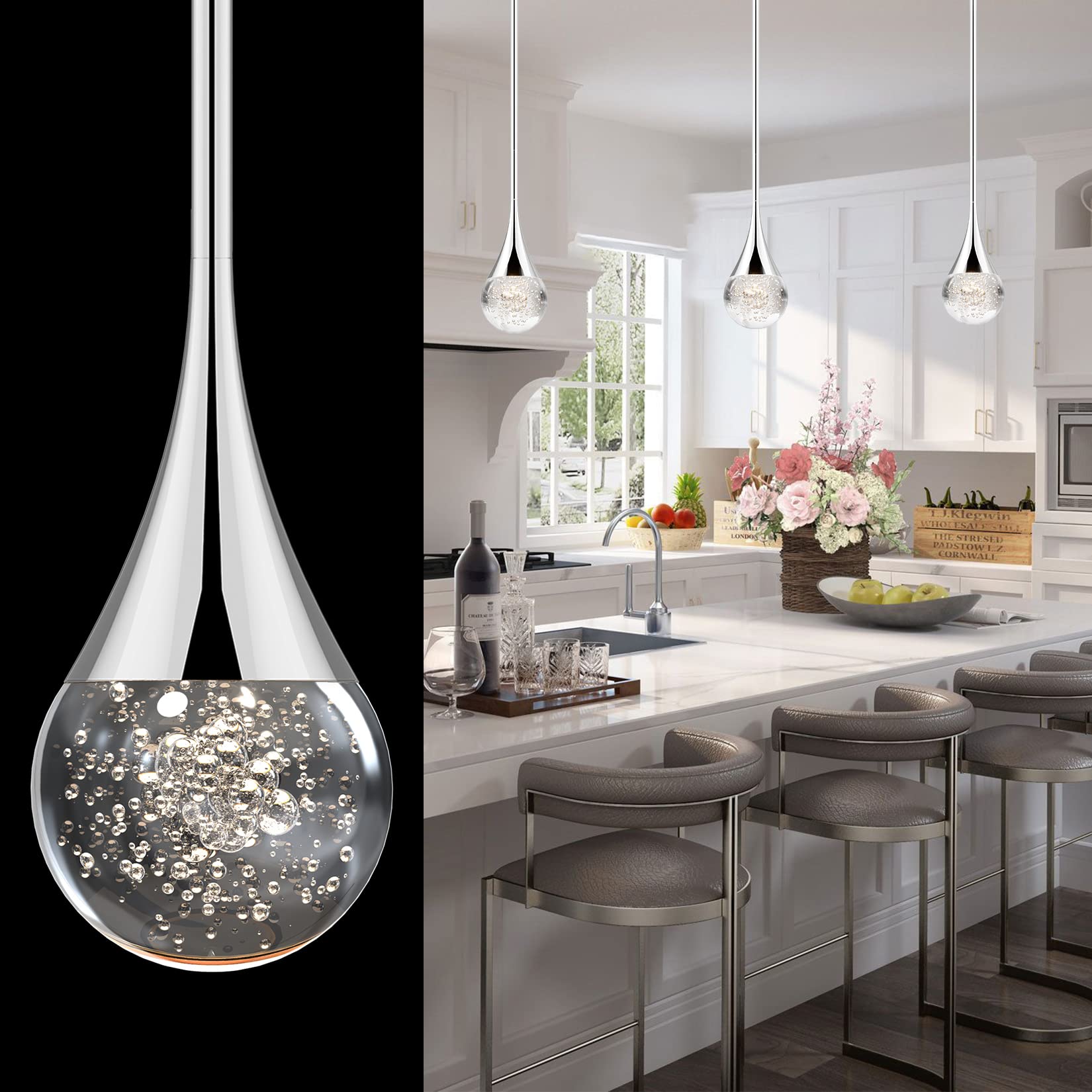 Aoceley Crystal Pendant Light Fixtures for Kitchen Island, Dimmable ...