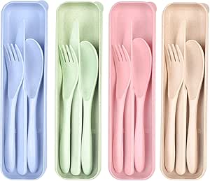 Amazon.com: Travel Utensil Set with Case, 4 Sets Wheat Straw Reusable Spoon Knife Forks ...