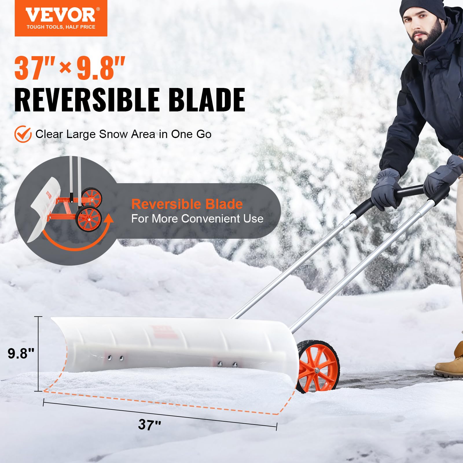 VEVOR Snow Shovel Pusher With Wheels For Driveway, 37" Bi-Directional ...