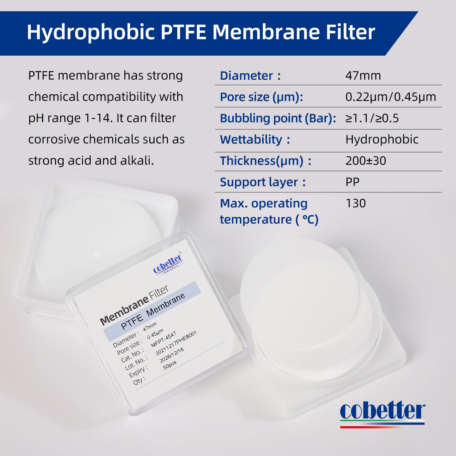 Mua COBETTER 100 Pieces/Pack PTFE Disc Membrane Filters Hydrophobic 47mm Diameter 0.22µm Pore ...