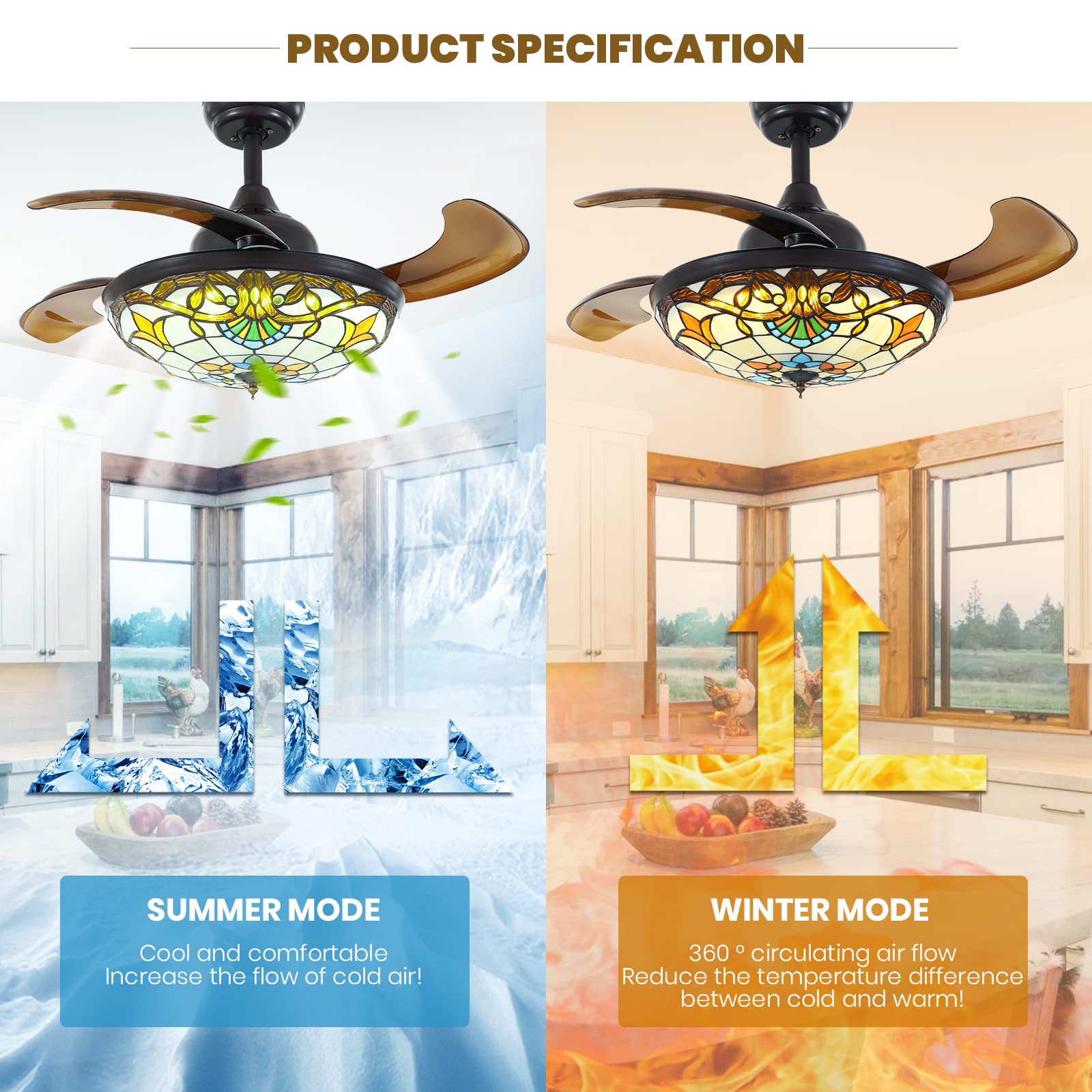 Mua Siljoy Tiffany Style Ceiling Fan Remote & APP Control Retractable ...