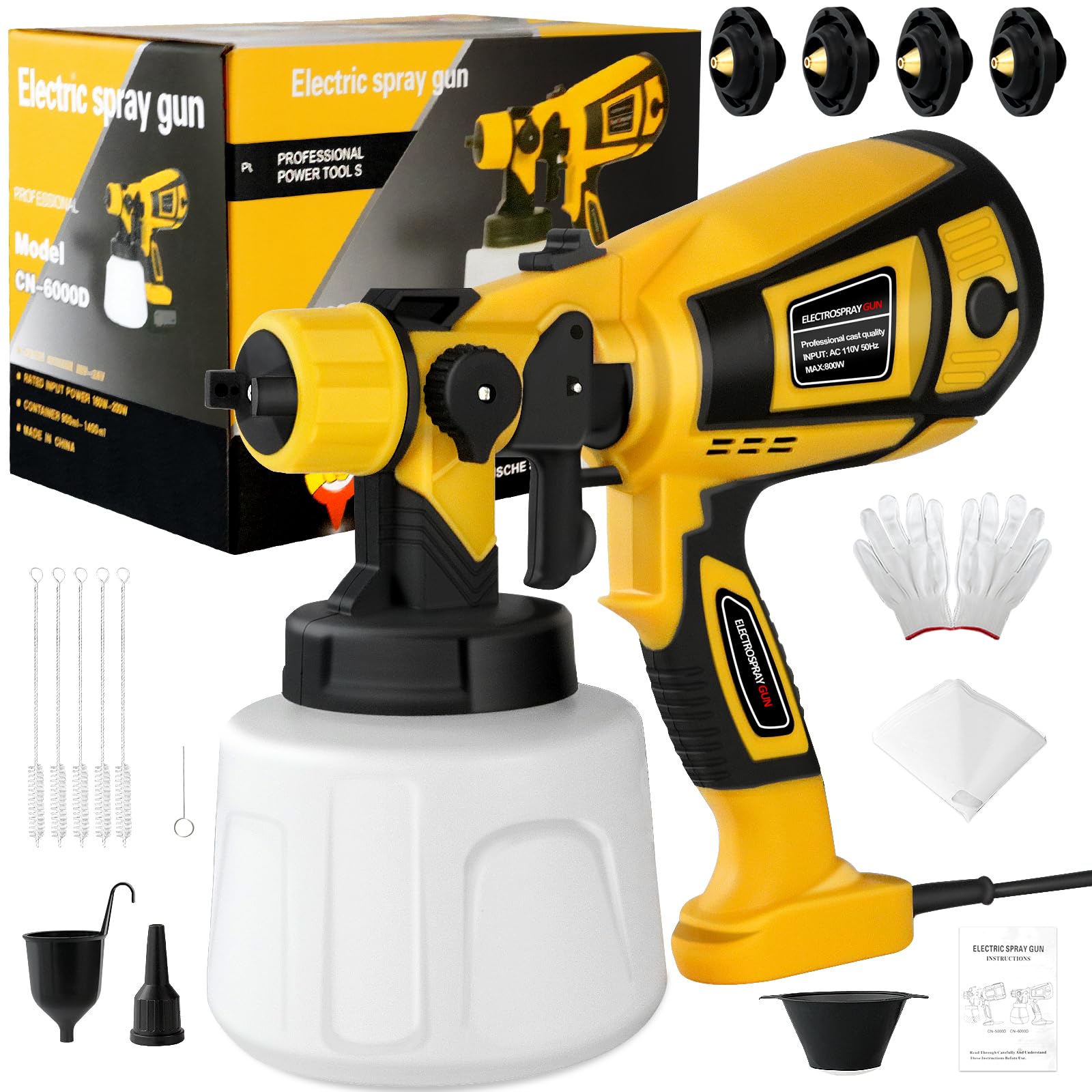 Paint Sprayer 800w Electric Spray Paint HVLP Spray Gun with 4 Nozzles 3 ...