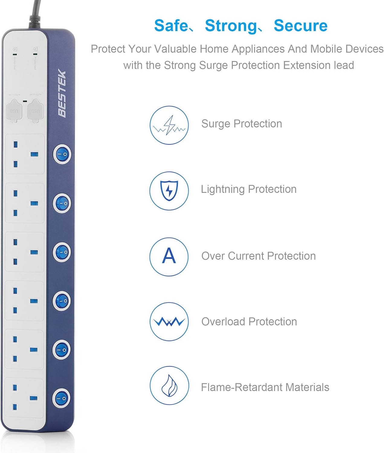 BESTEK Surge Protection Extension Lead, 1.8M 6 Way individual Switch ...