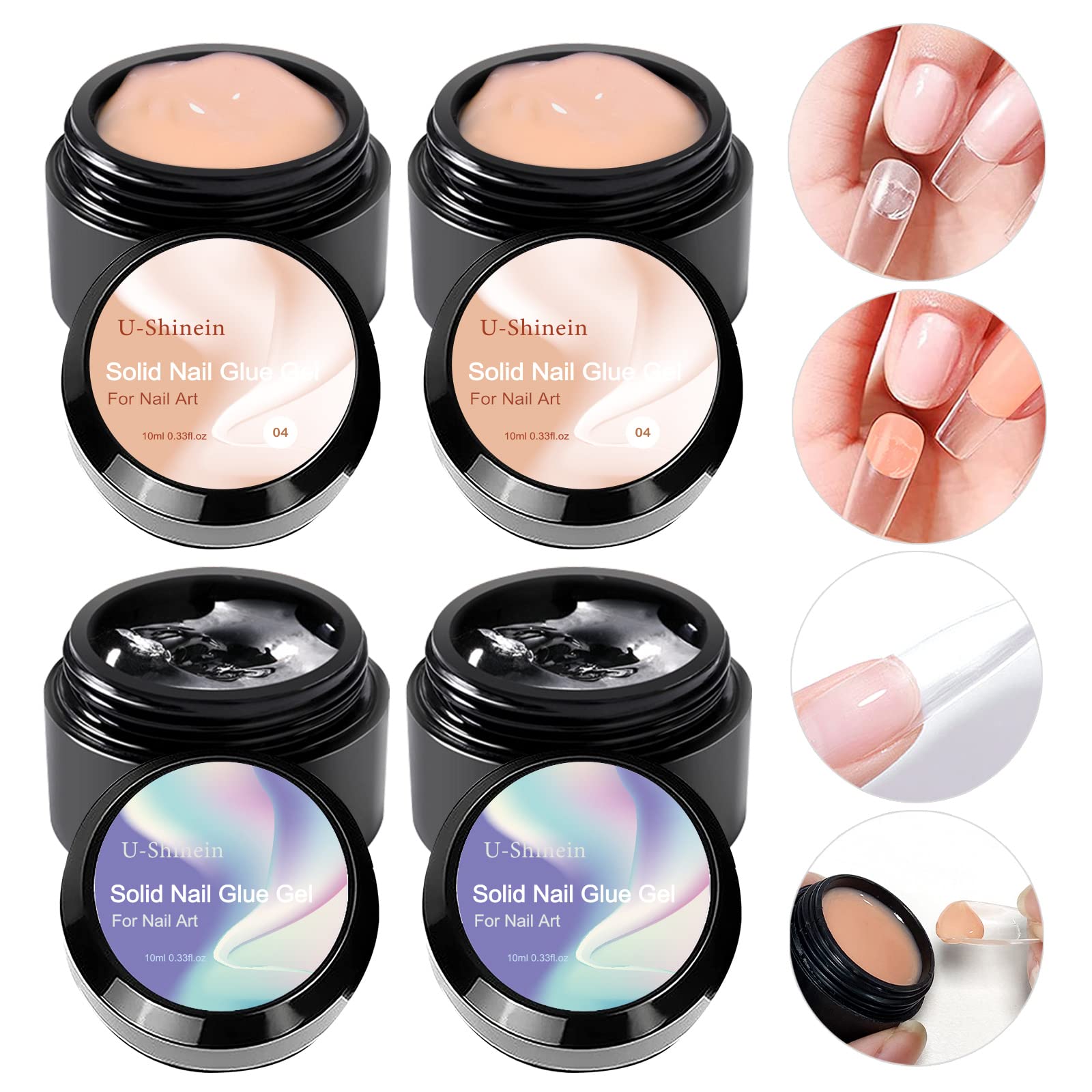 U-Shinein 4x10ml Solid Nail Glue Gel, Clear and Nude Nail Tips Glue Gel ...