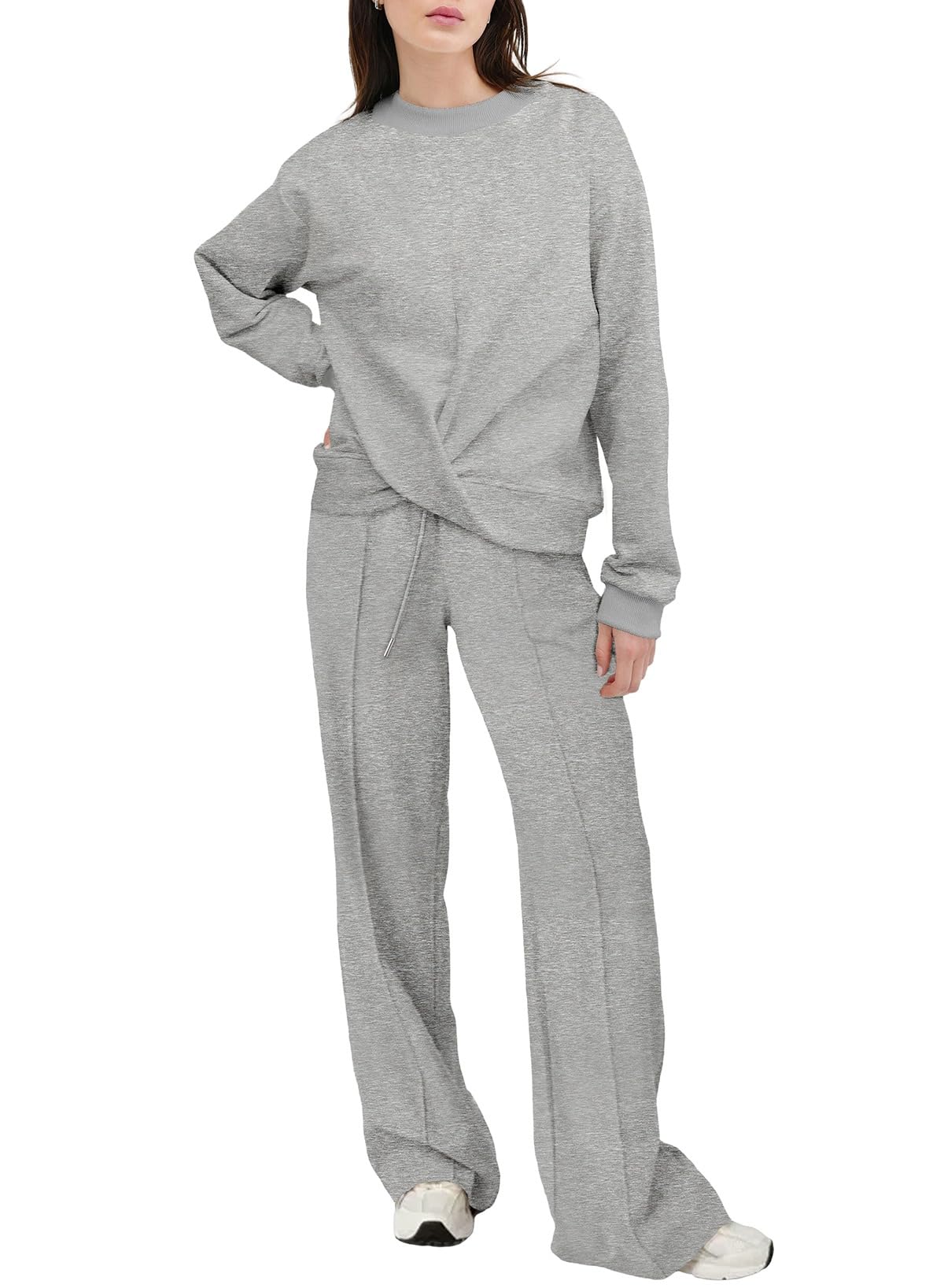 Herseas Women 2 Piece Outfits Twist Front Crewneck Sweatsuit Solid ...