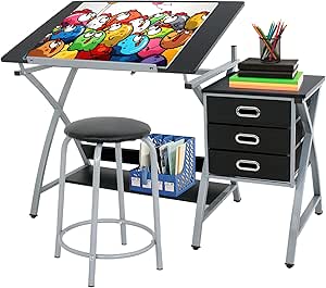 Amazon.com: ZENY Drafting Table and Stool Set Tabletop Tilted Drawing ...