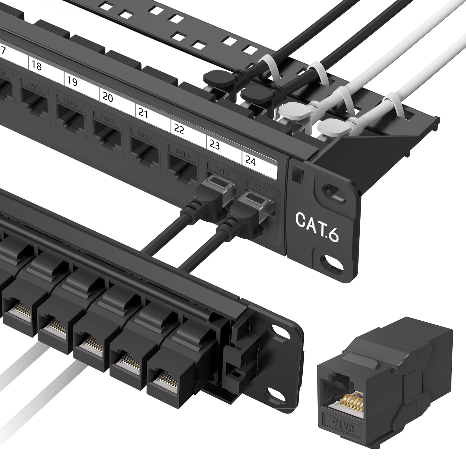 Jadaol 24 Port Patch Panel Rackmount or Wall Mount 19-Inch, 1U Cat6 ...
