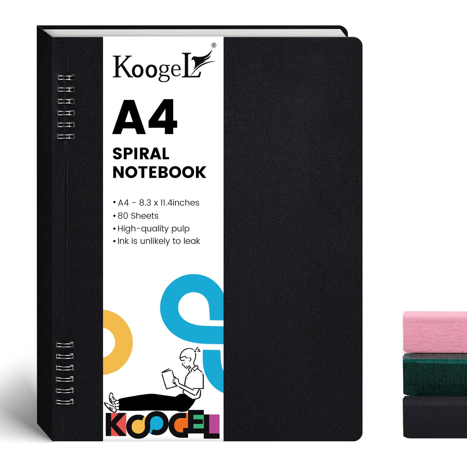Koogel A4 Spiral Notebook Black, College Ruled Spiral Notepad with ...
