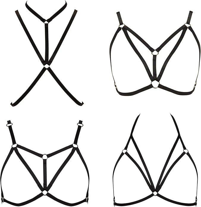 Adramata Women Harness Elastic Cupless Cage Bra Hollow Out Strappy ...