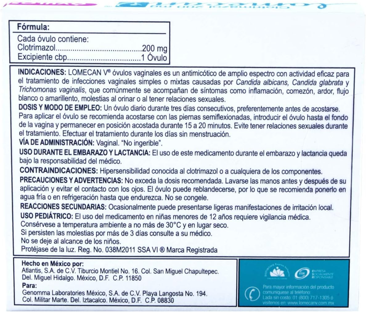 Lomecan V VULOS 3 días Tratamiento de Infecciones Vaginales con ...