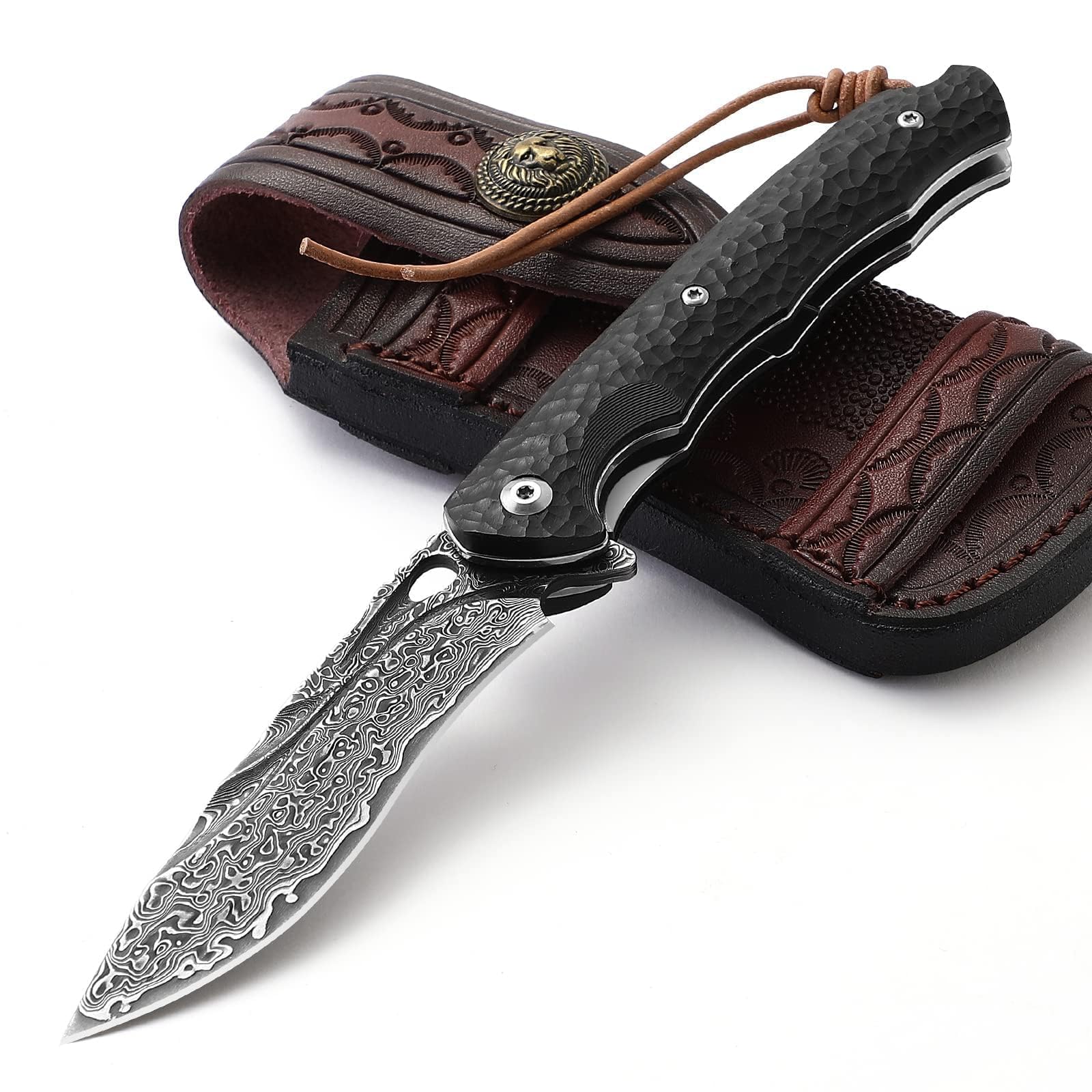 DRACHENADER Damascus Pocket Knife for Men, Folding knife with Leather ...
