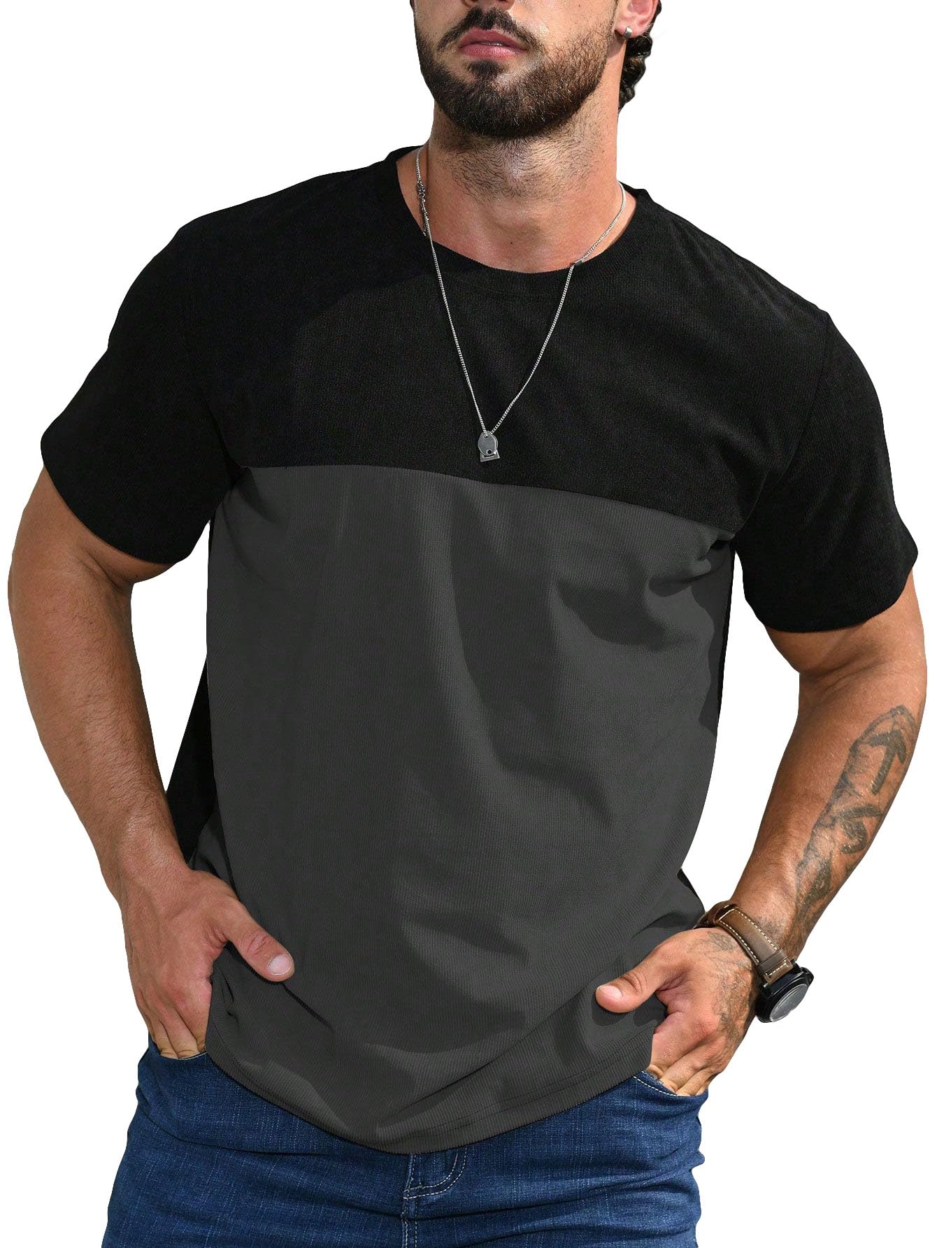 SOLY HUX Men's Color Block Graphic Tees Print Short Sleeve Round Neck T Shirt Top Dark Grey and ...