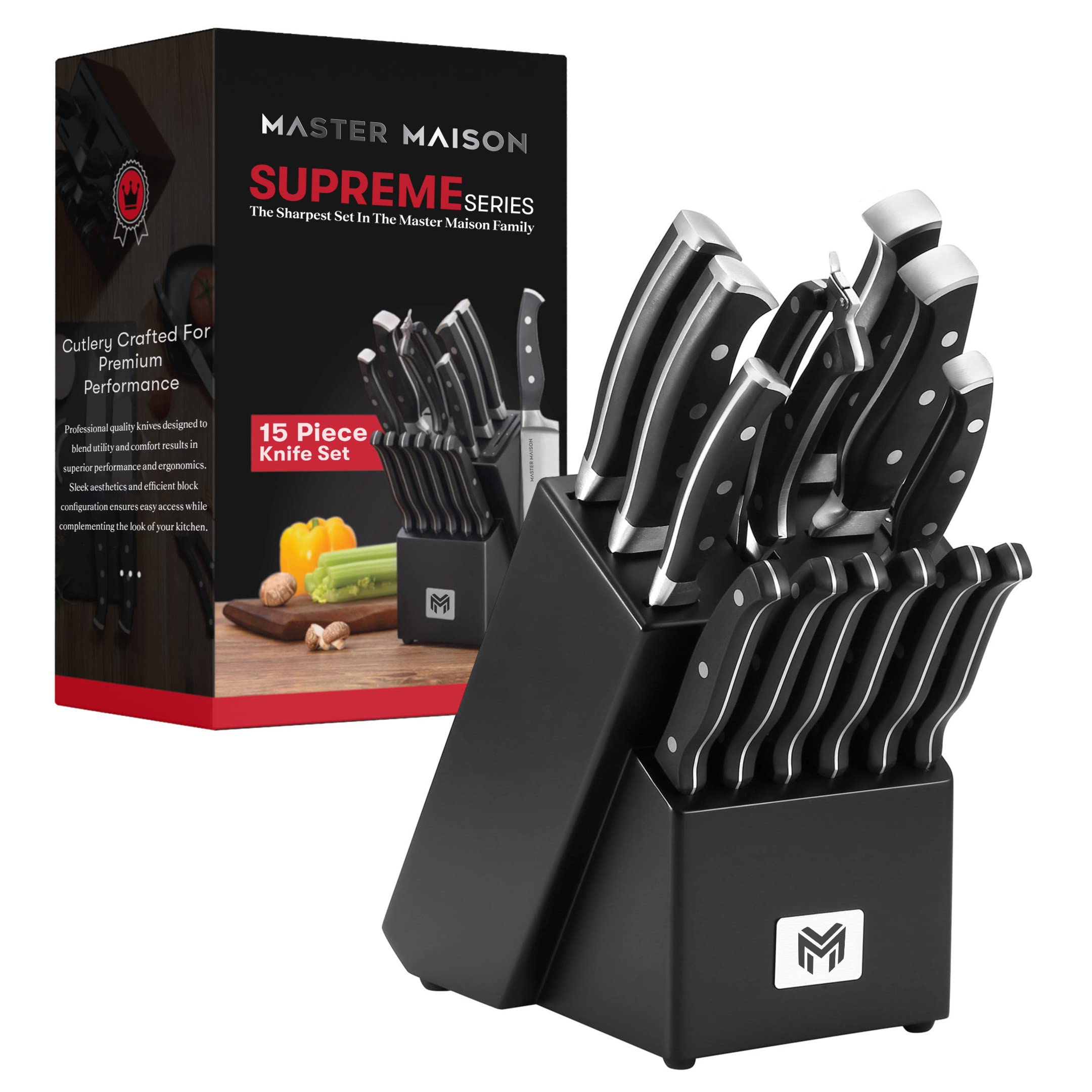 Master Maison 19-Piece Kitchen Knife Set - Wooden Knife Block Set with ...