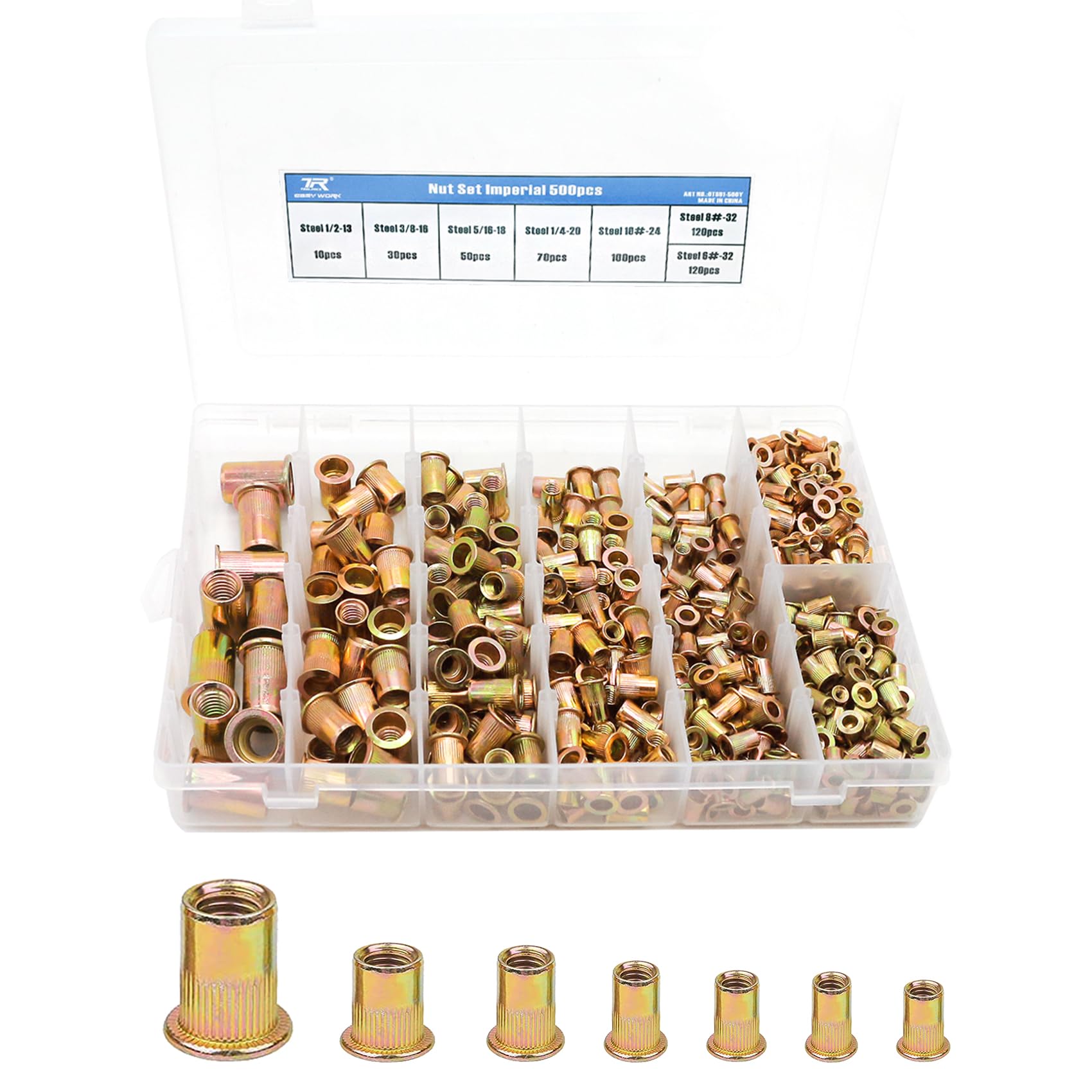 TR TOOLROCK 500pcs Rivet Nut Kit, SAE UNC Rivet Nuts Assortment 6#-32, 8#-32, 10#-24, 1/4"-20, 5 ...