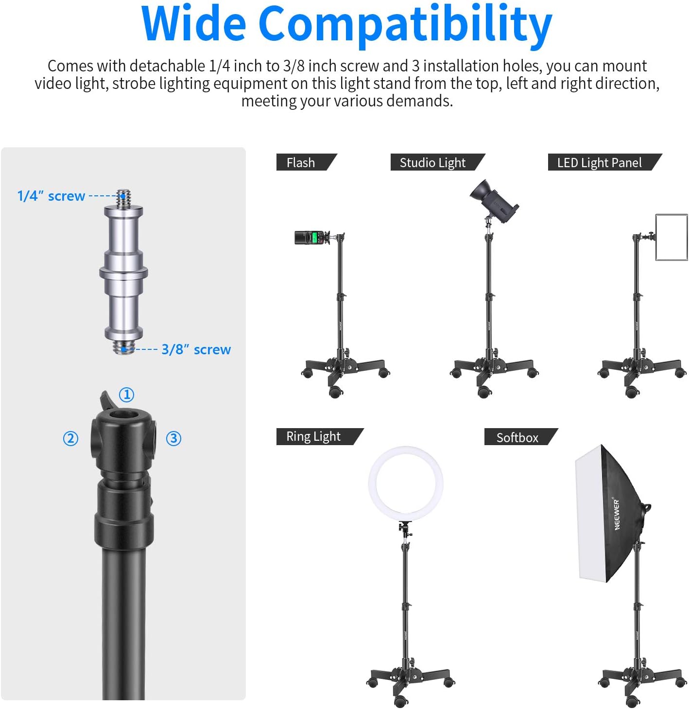 Neewer Heavy Duty Light Stand with Pulley, 2.4ft/0.72m Max. Height ...
