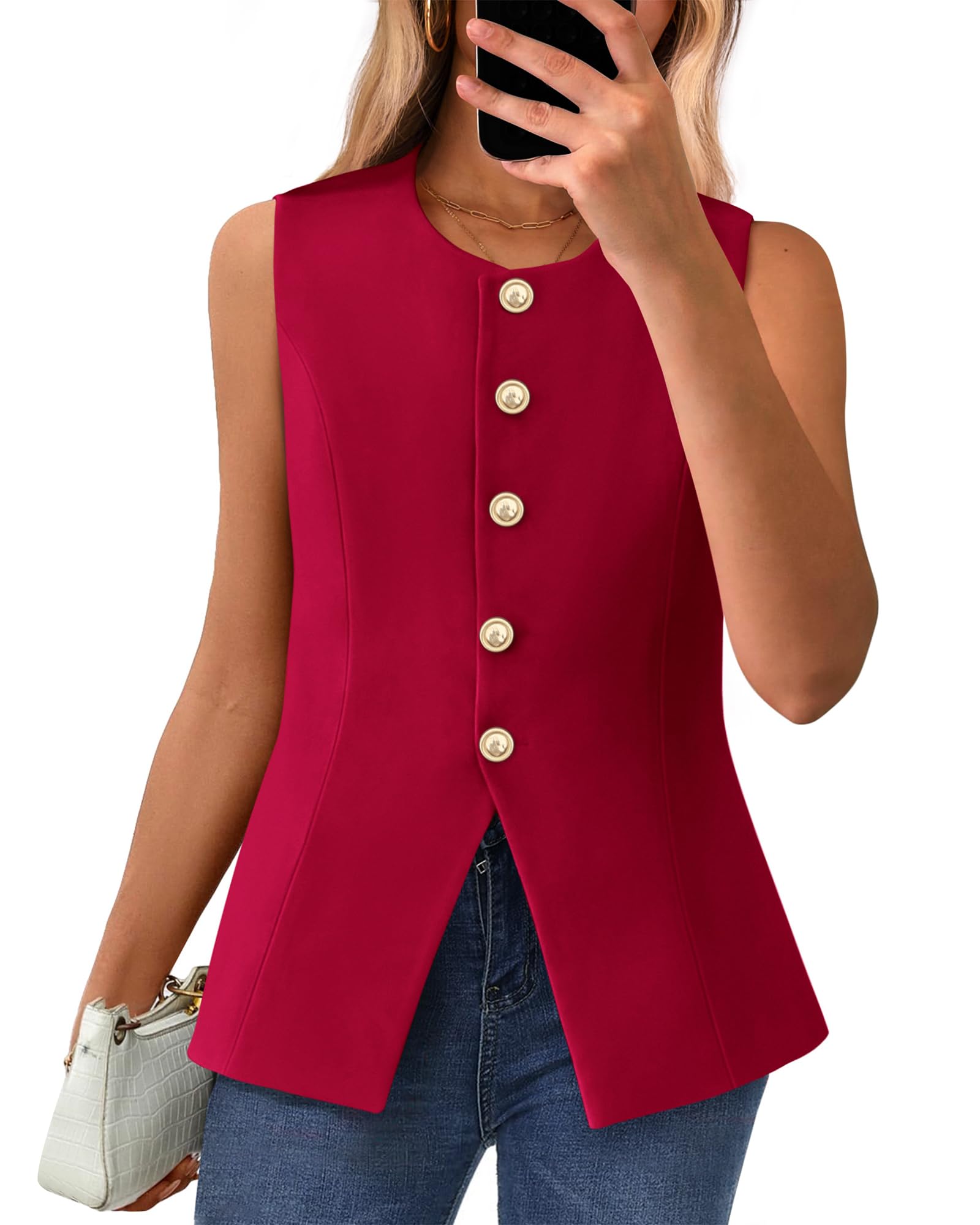 BTFBM Summer Sleeveless Blazer Vest for Women Dressy Button Down Round ...