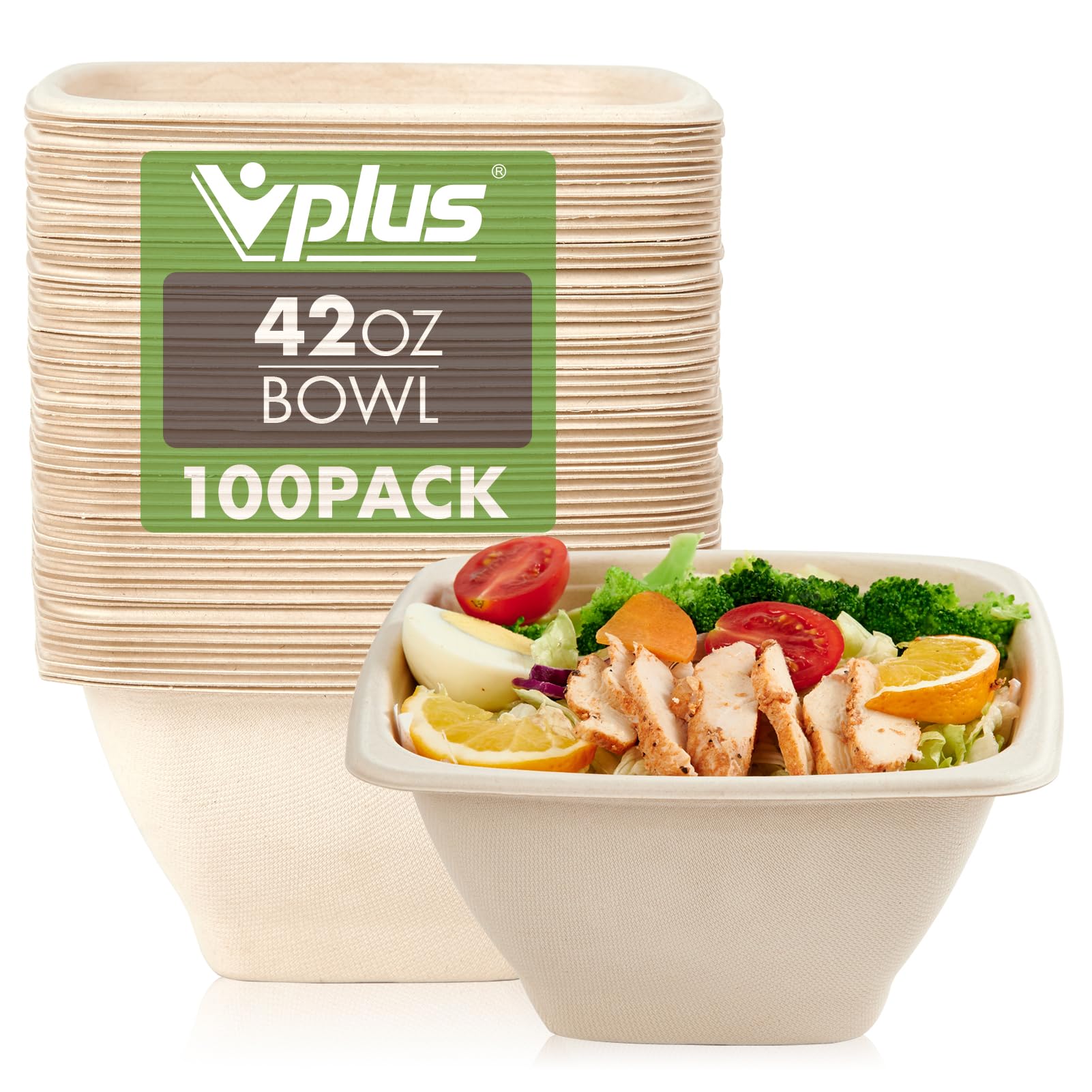 Vplus 100 Pack 42 OZ Paper Bowls, Square Disposable Compostable Bowls ...
