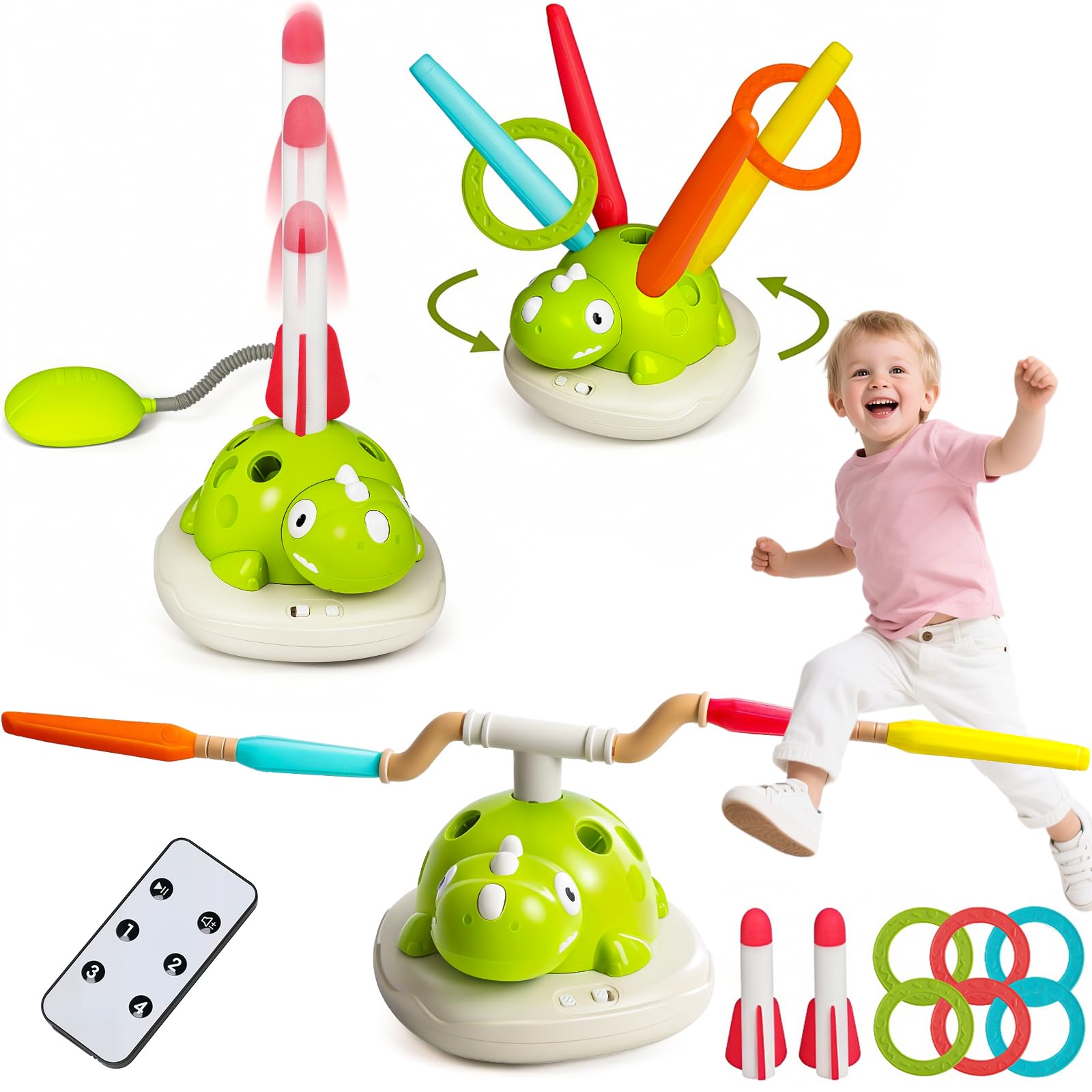 3 in 1 Musical Jump, Toss Ring Game and Stomping Launch Rocket Launcher Outdoor Toys for Kids 3 ...