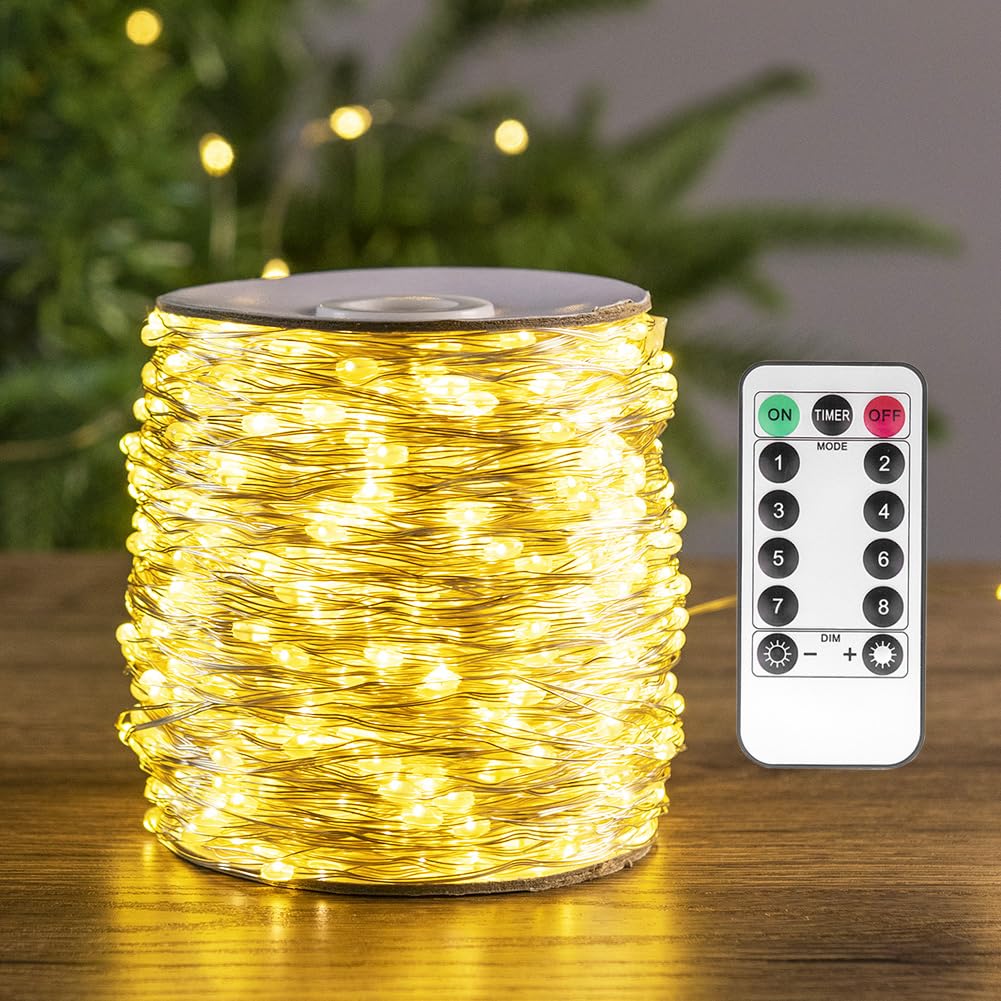 PCORES Plug in Fairy Lights 164 Feet 500 LED Warm White Silver Wire ...