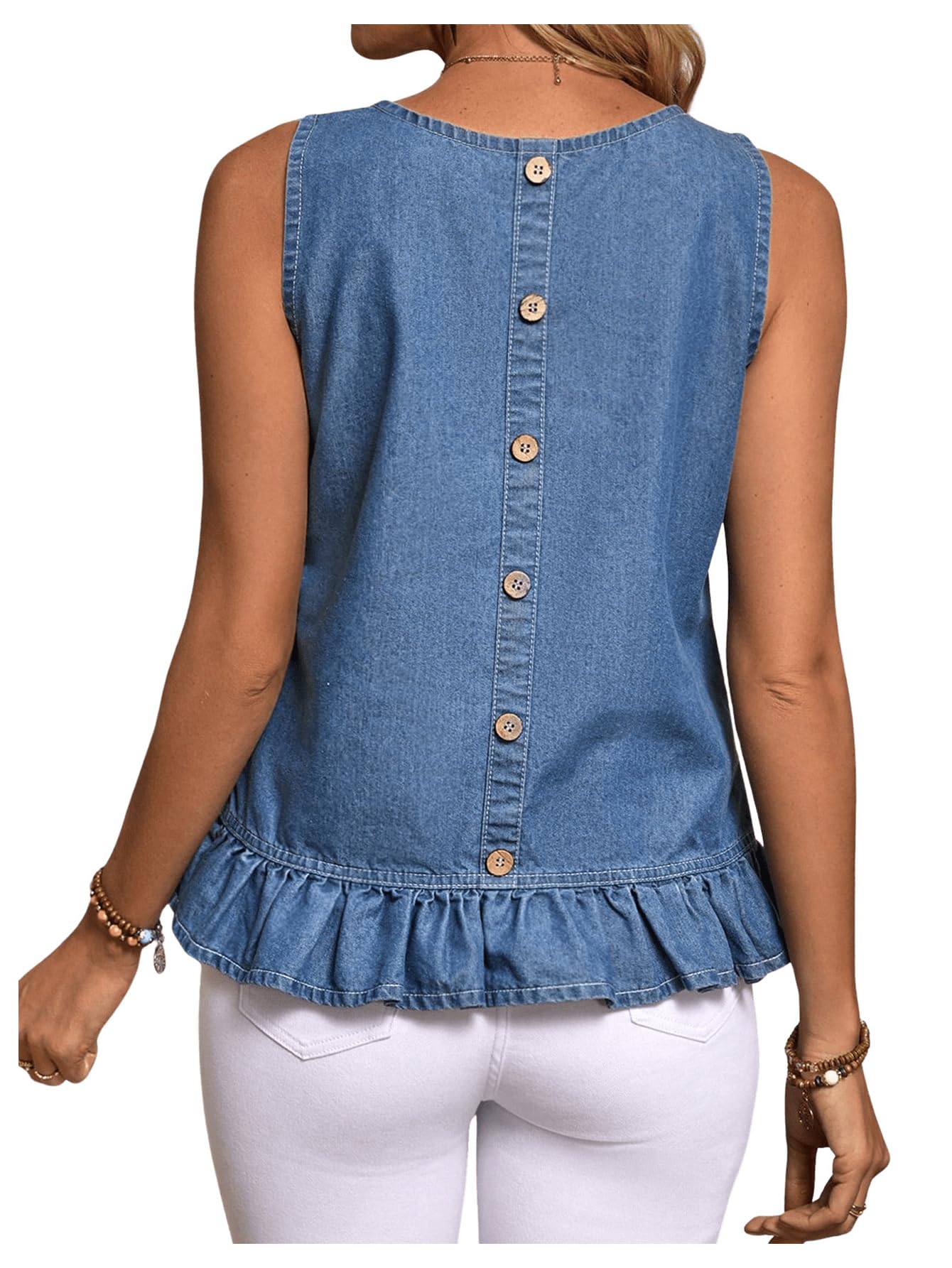 SweatyRocks Women's Ruffle Sleeveless Blouse Button Back Denim Tank ...