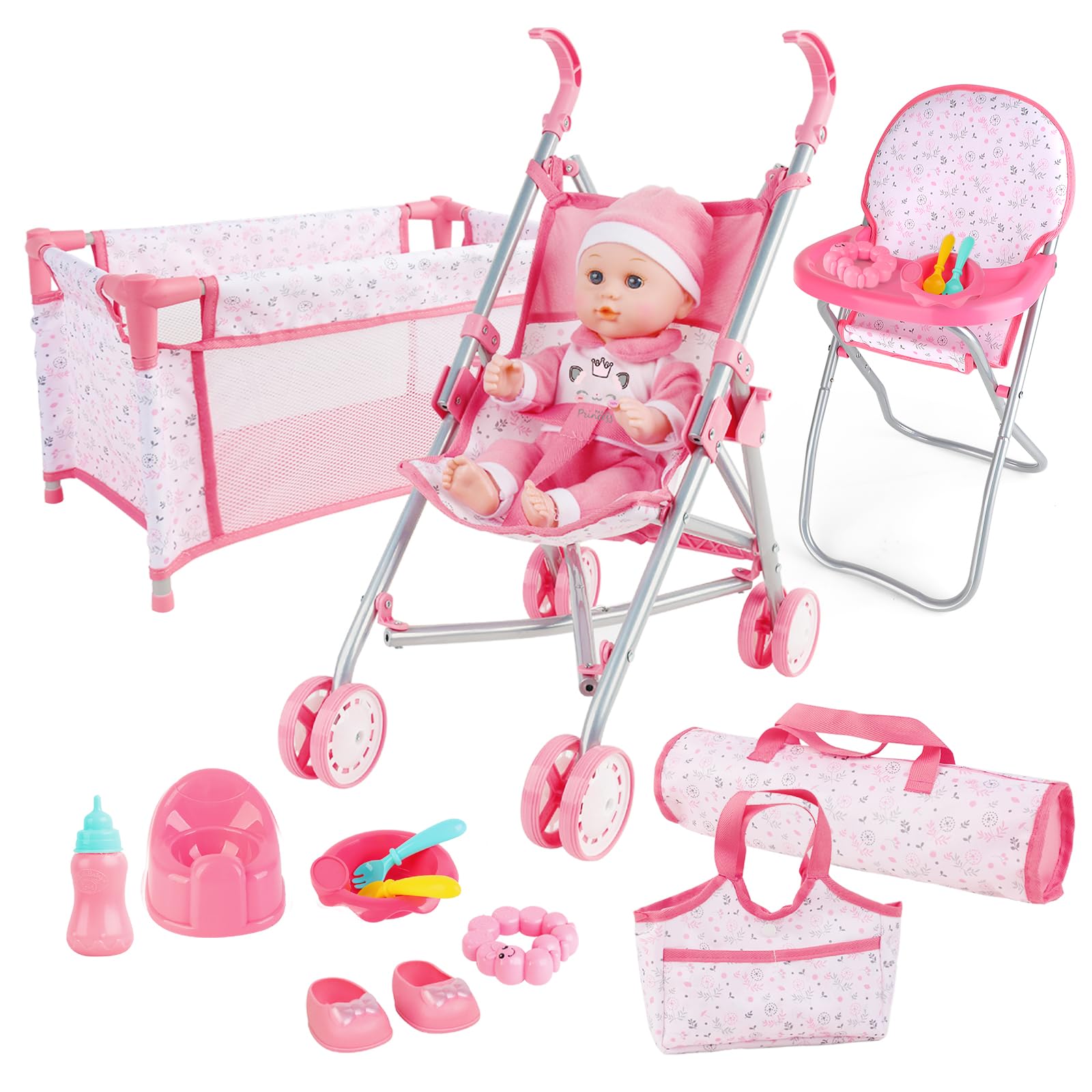 deAO Baby Doll Stroller Crib Bed Nursery Role Play Set Baby Doll ...