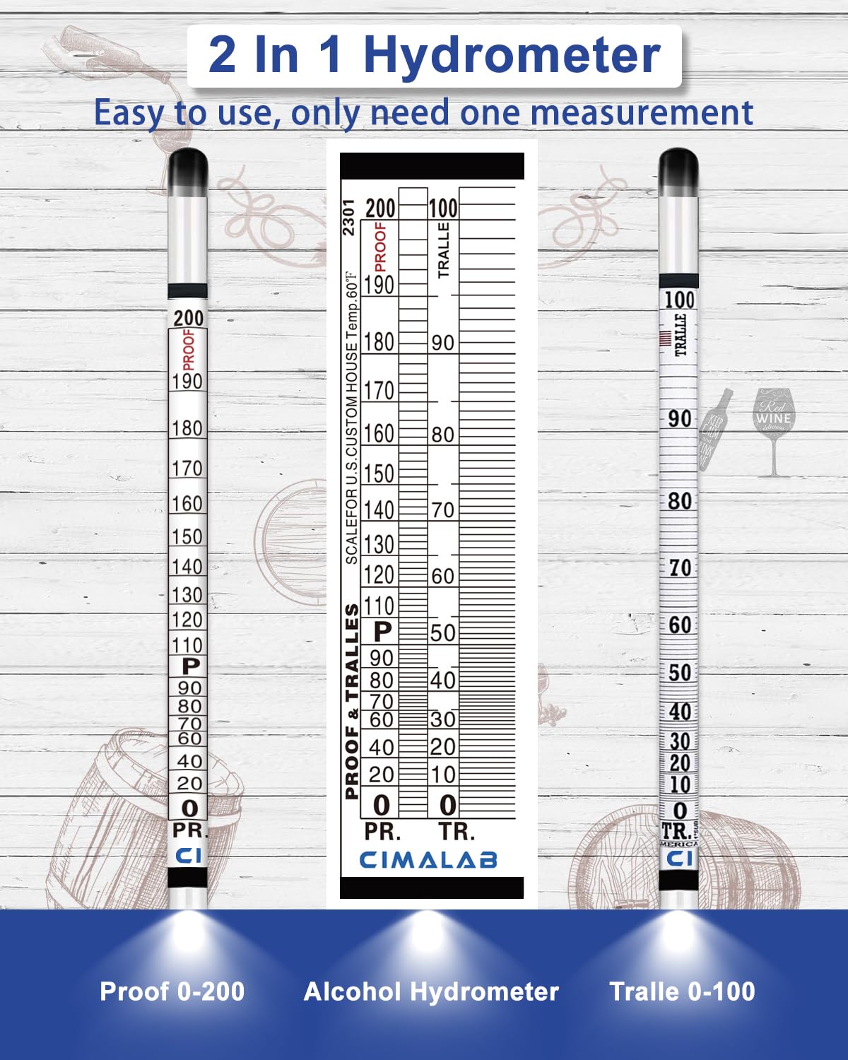 Cimalab Hydrometer Alcohol Meter Kit, Hydrometer Alcohol 0-200 Proof & Tralle With Hydrometer ...