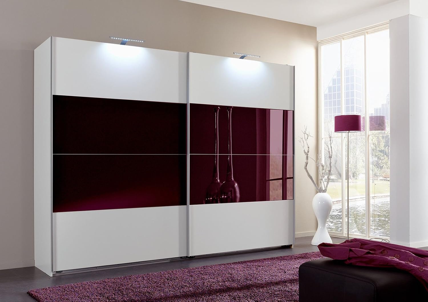 German Made 135cm Sliding 2 Door Slider Wardrobe White & Purple Plum ...