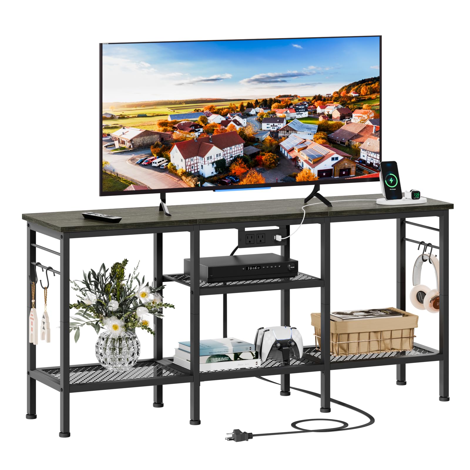 Furologee TV Stand with Power Outlets, Entertainment Center with Open ...