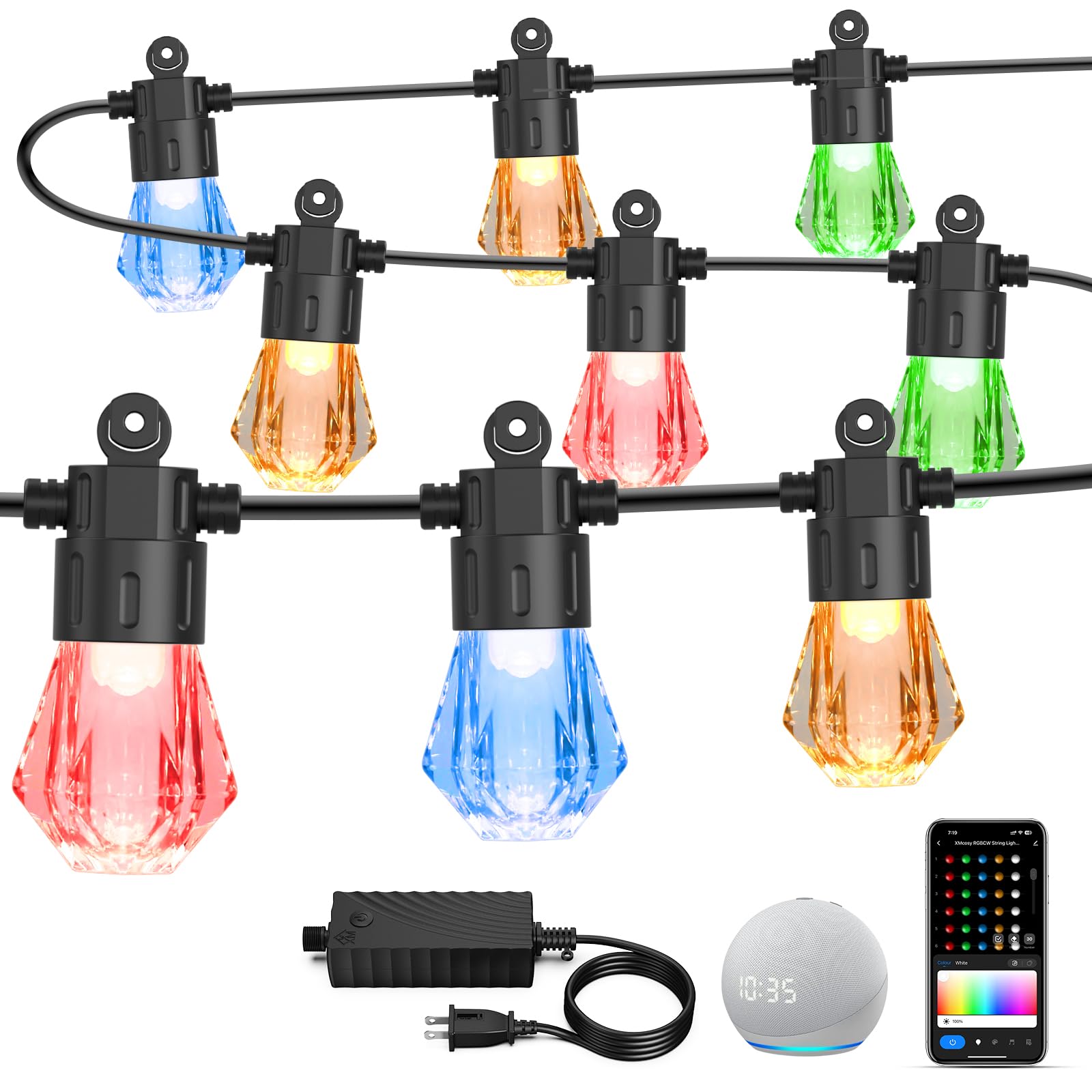 XMCOSY+ 96FT Smart Outdoor String Lights - RGBCWIC Dimmable Acrylic ...