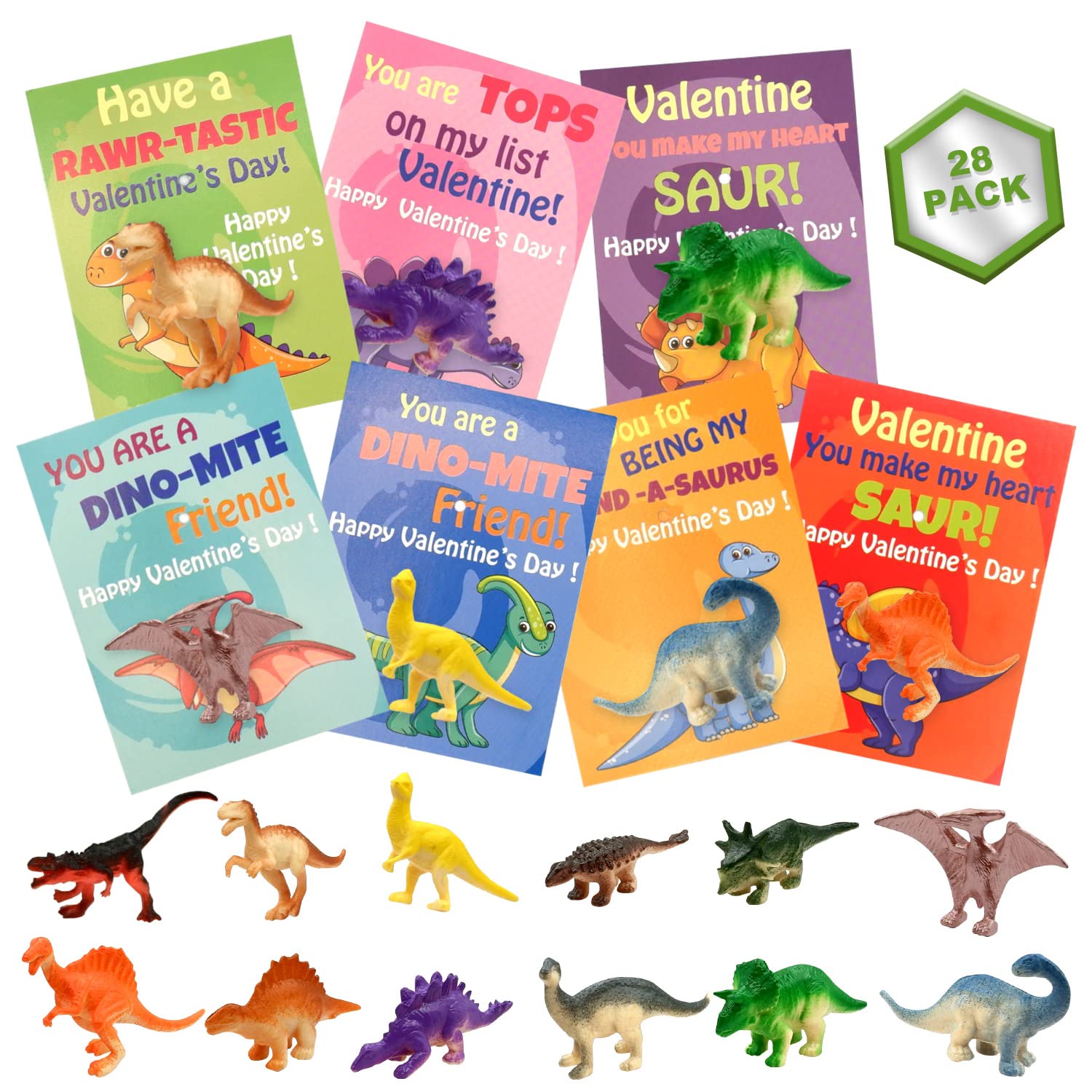 GoForward 28 Pack Valentine Day Cards for Kids with Dinosaur Figure ...