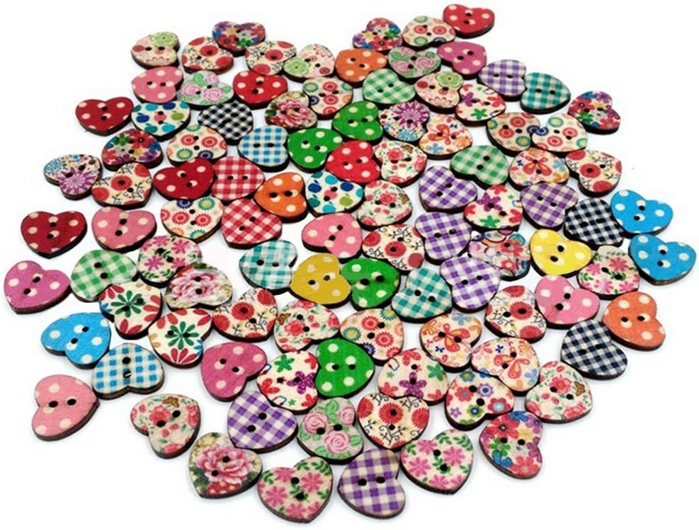 100 botones de madera Dylandy con forma de corazón multicolor, botones ...