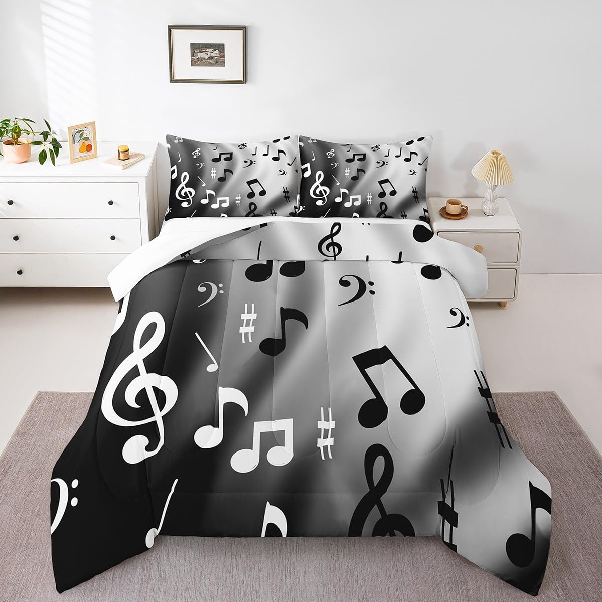Homewish Musical Note Comforter Set Queen for Boys Kids Black White ...