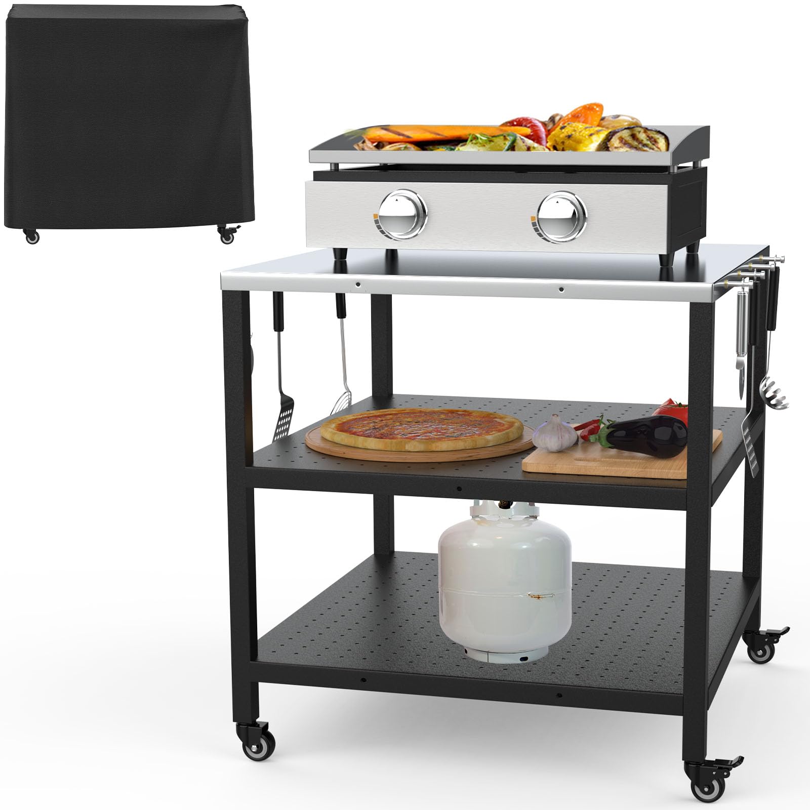 Pizza Table Cart with 3-Tier Rolling Movable Grill Cart and Work Cart ...