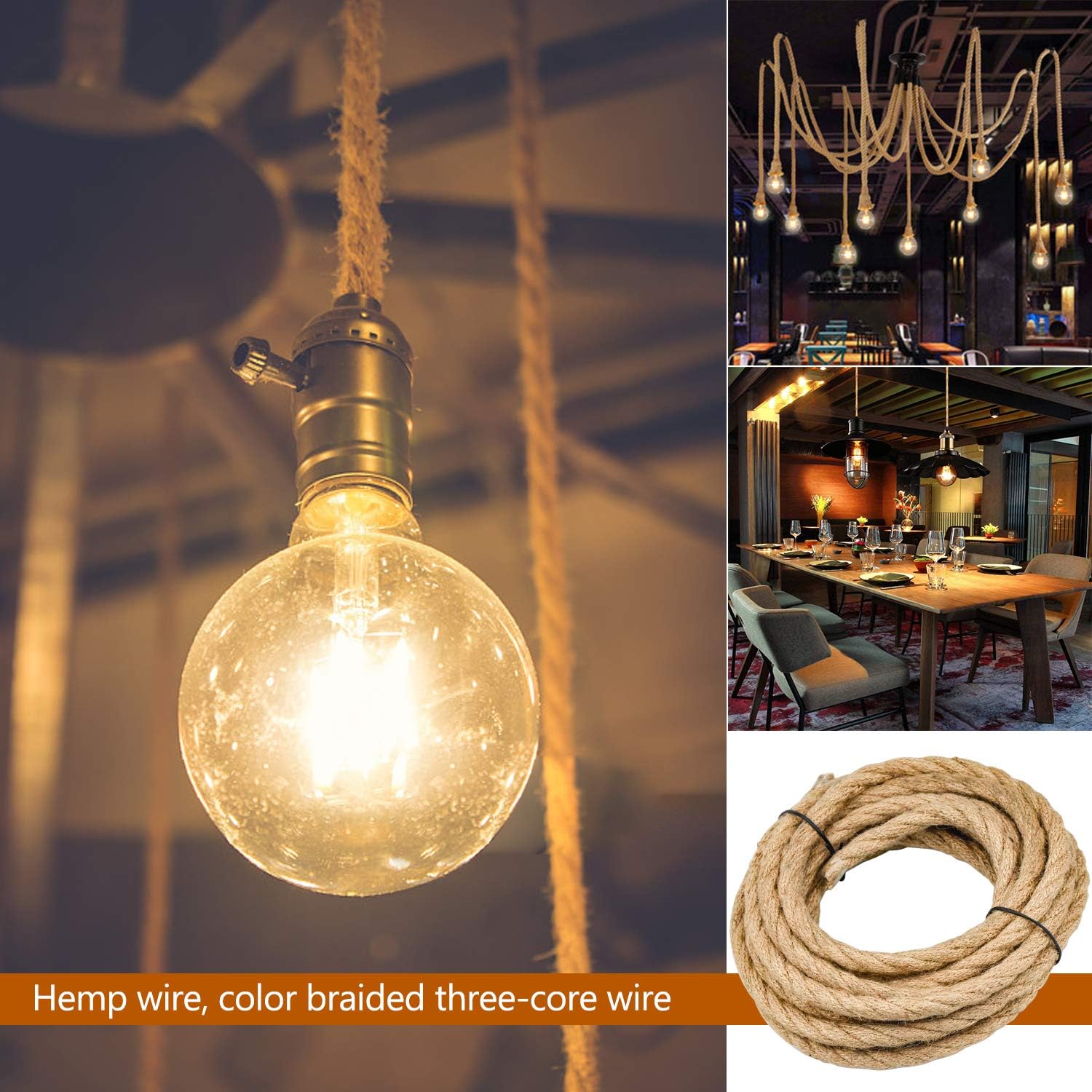 WEKON Electric Wire Rope, 5M 3 Cores Hemp Electric Wires, for DIY Light ...