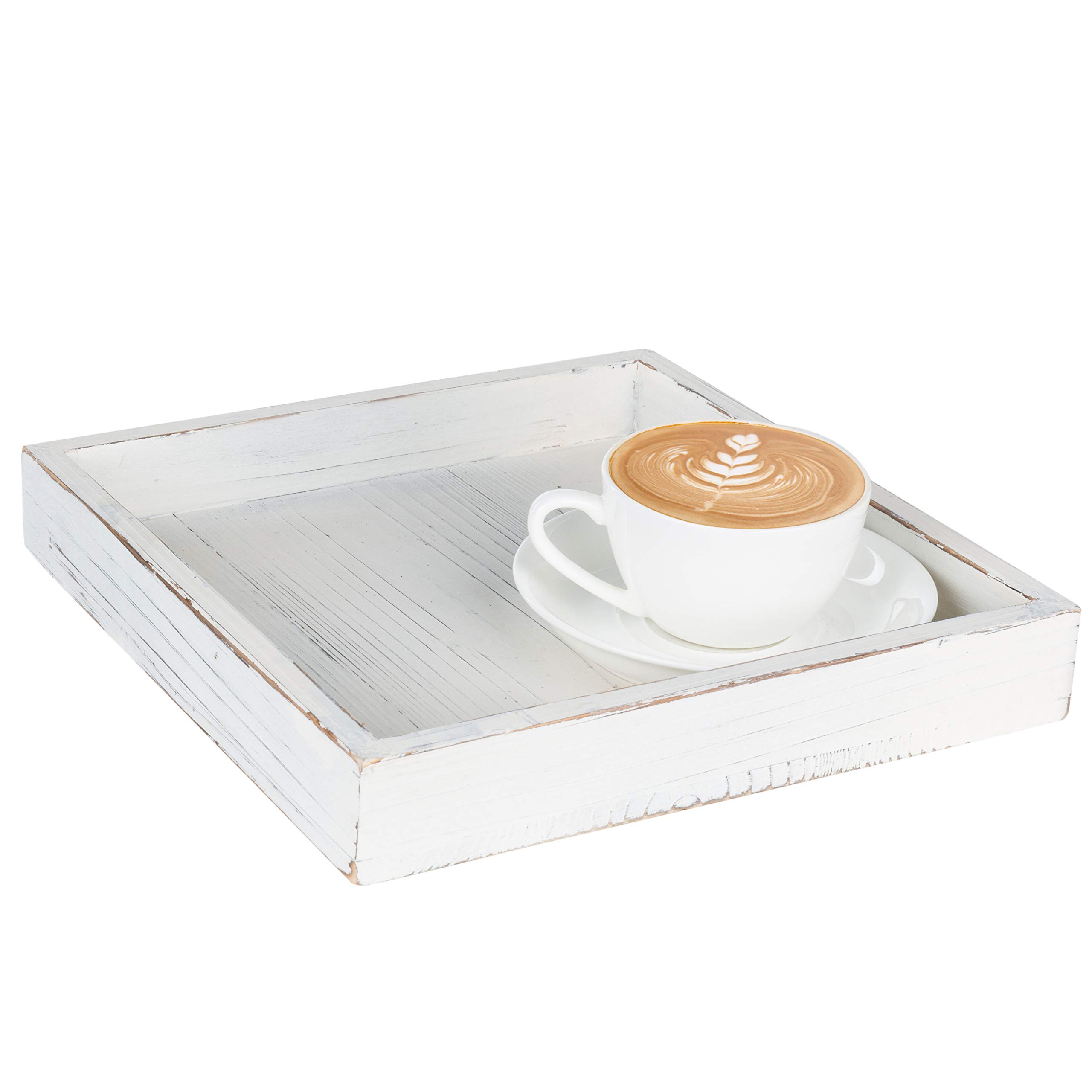 MyGift 10-Inch Square Vintage White Wood Serving Tray